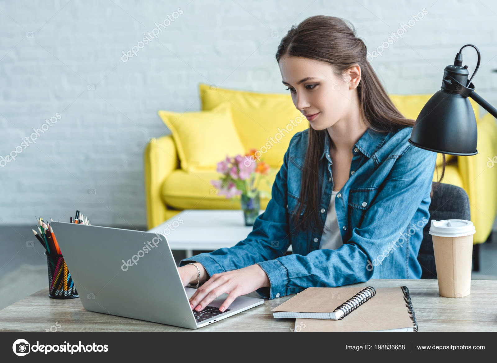 Smiling Girl Using Laptop While Studying Home — Stock Photo ...