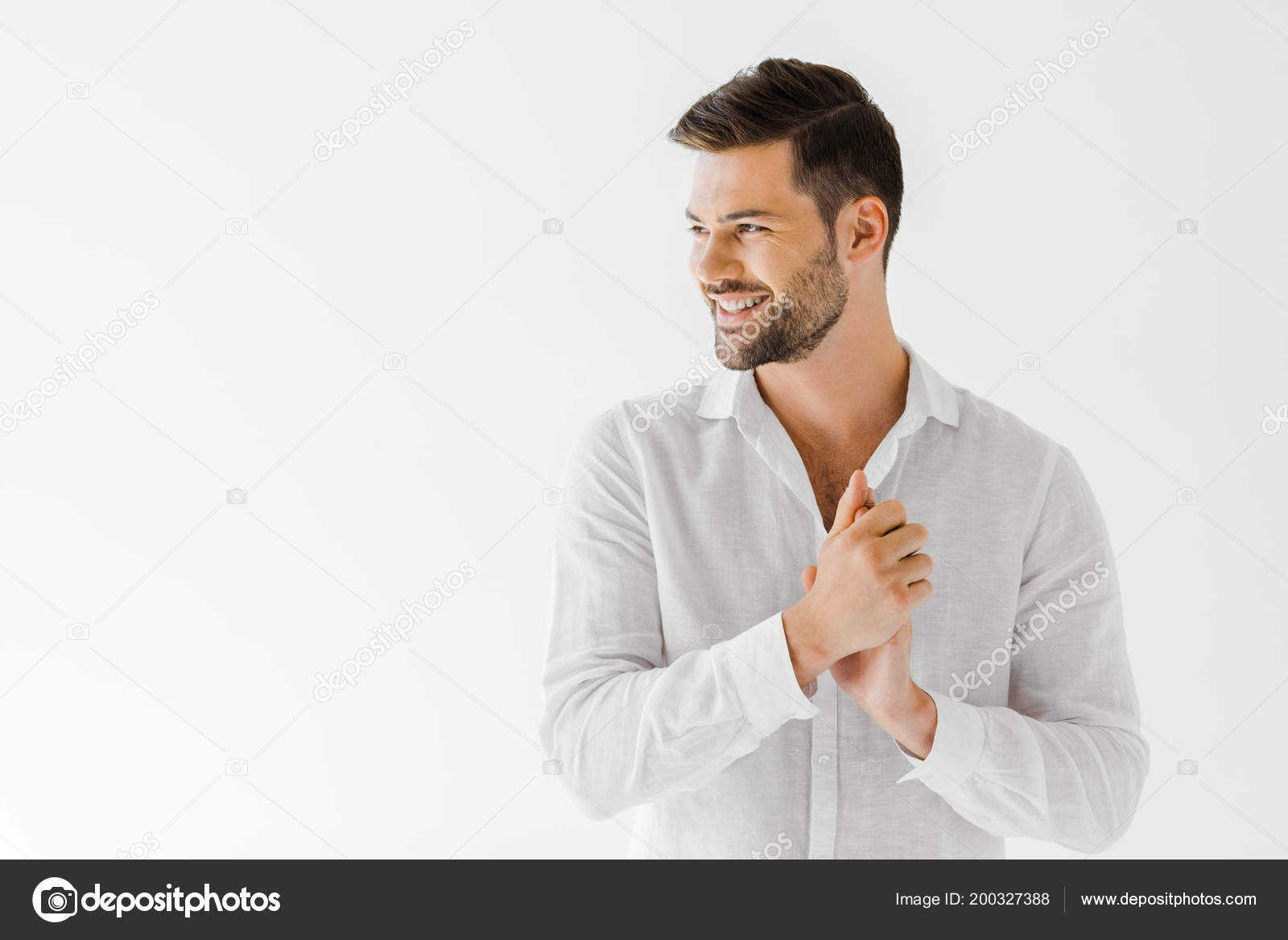 Side View Smiling Man Linen White Shirt Isolated Grey Background Stock ...