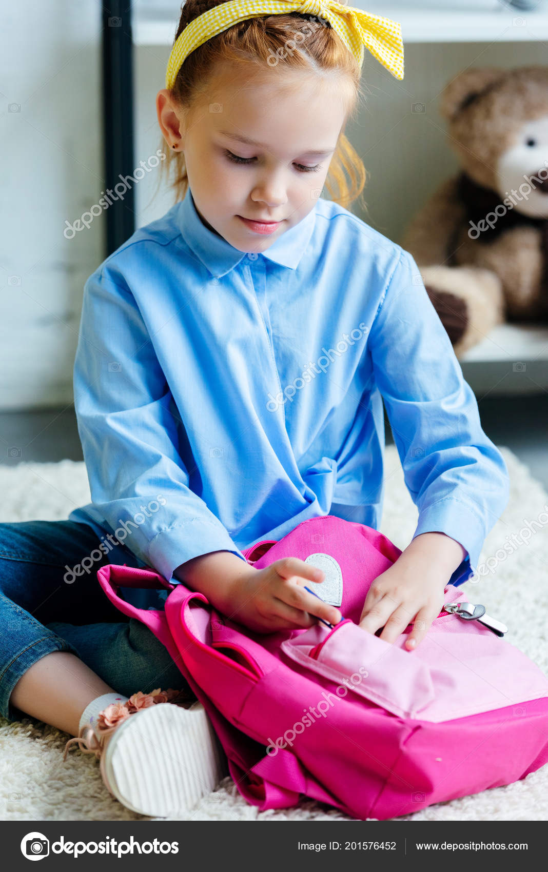 Adorable Child Packing Pink School Bag Home — Stock Photo ...