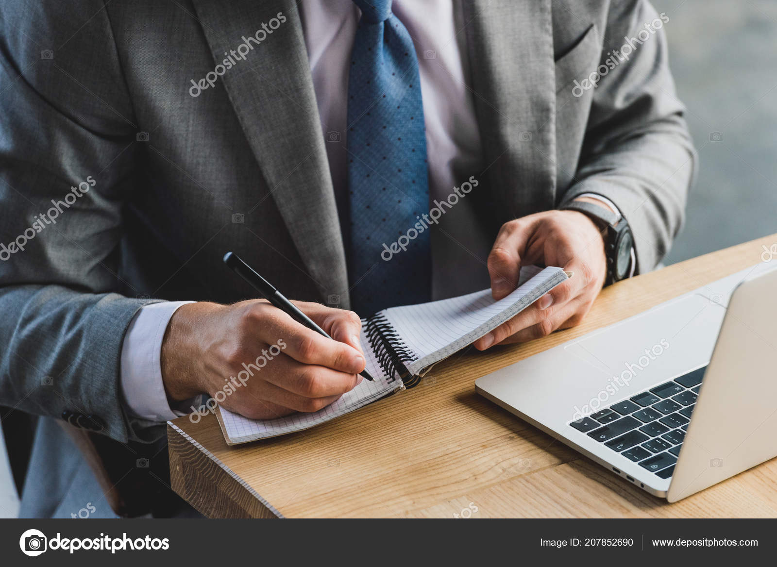 Cropped Shot Businessman Formal Wear Taking Notes Notebook Using Laptop ...