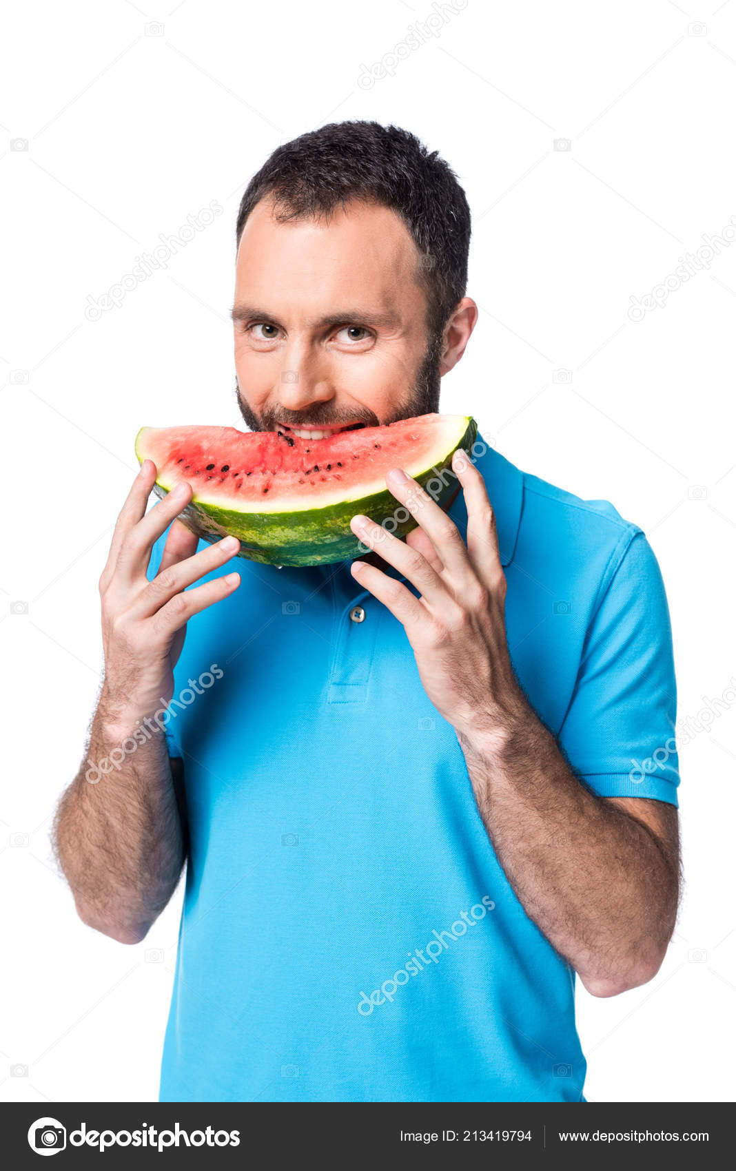 Man Blue Polo Eating Watermelon Isolated White — Stock Photo ...