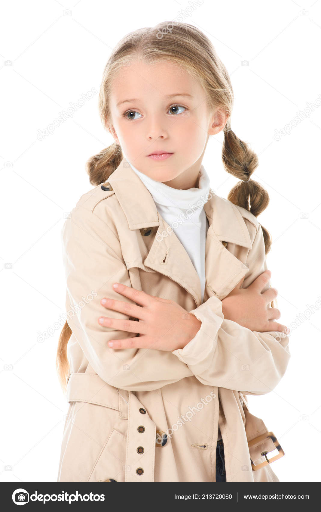 Adorable Kid Posing Trendy Beige Coat Isolated White — Free Stock Photo ...