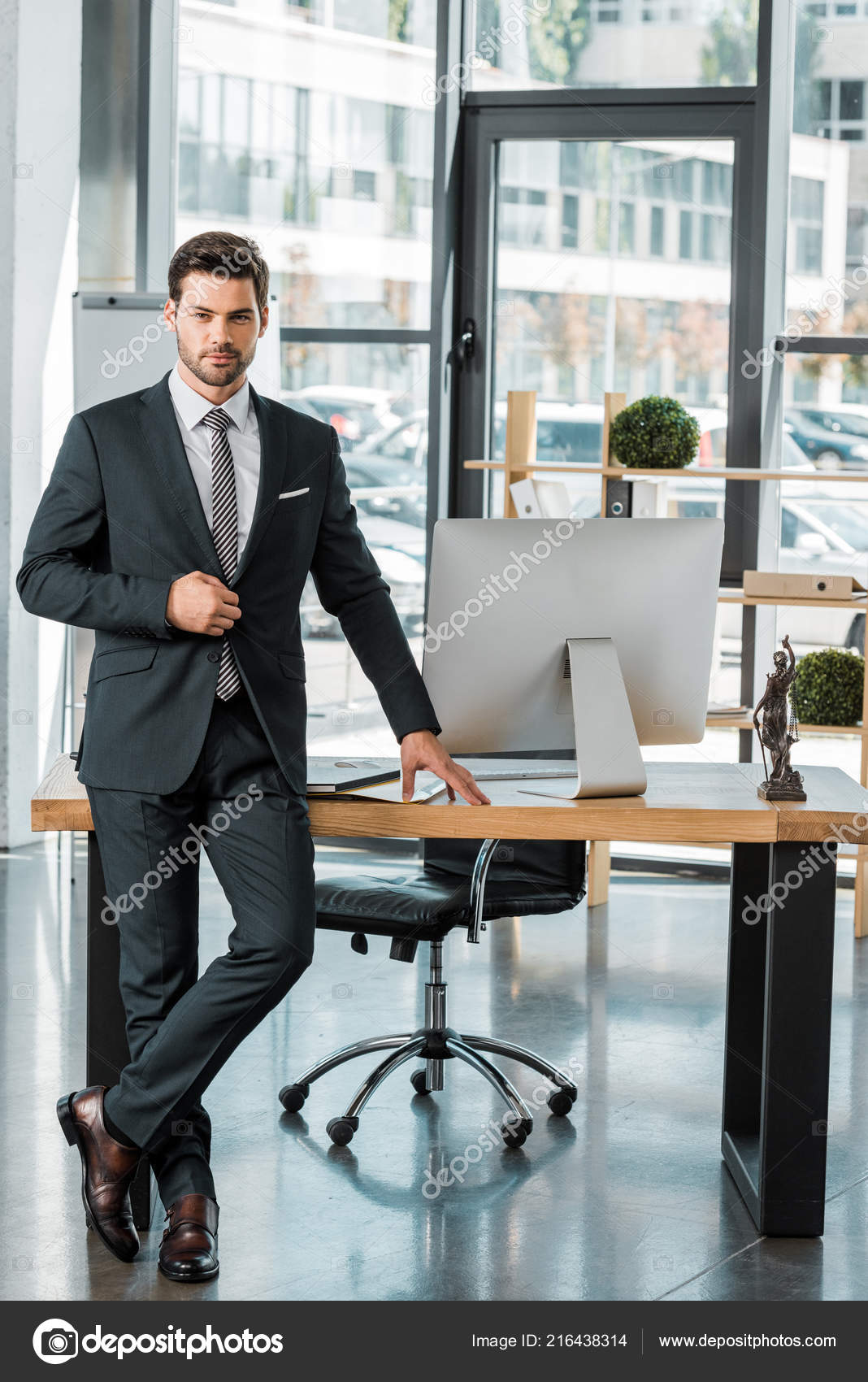 Handsome Businessman Standing Table Office Looking Camera — Stock Photo ...