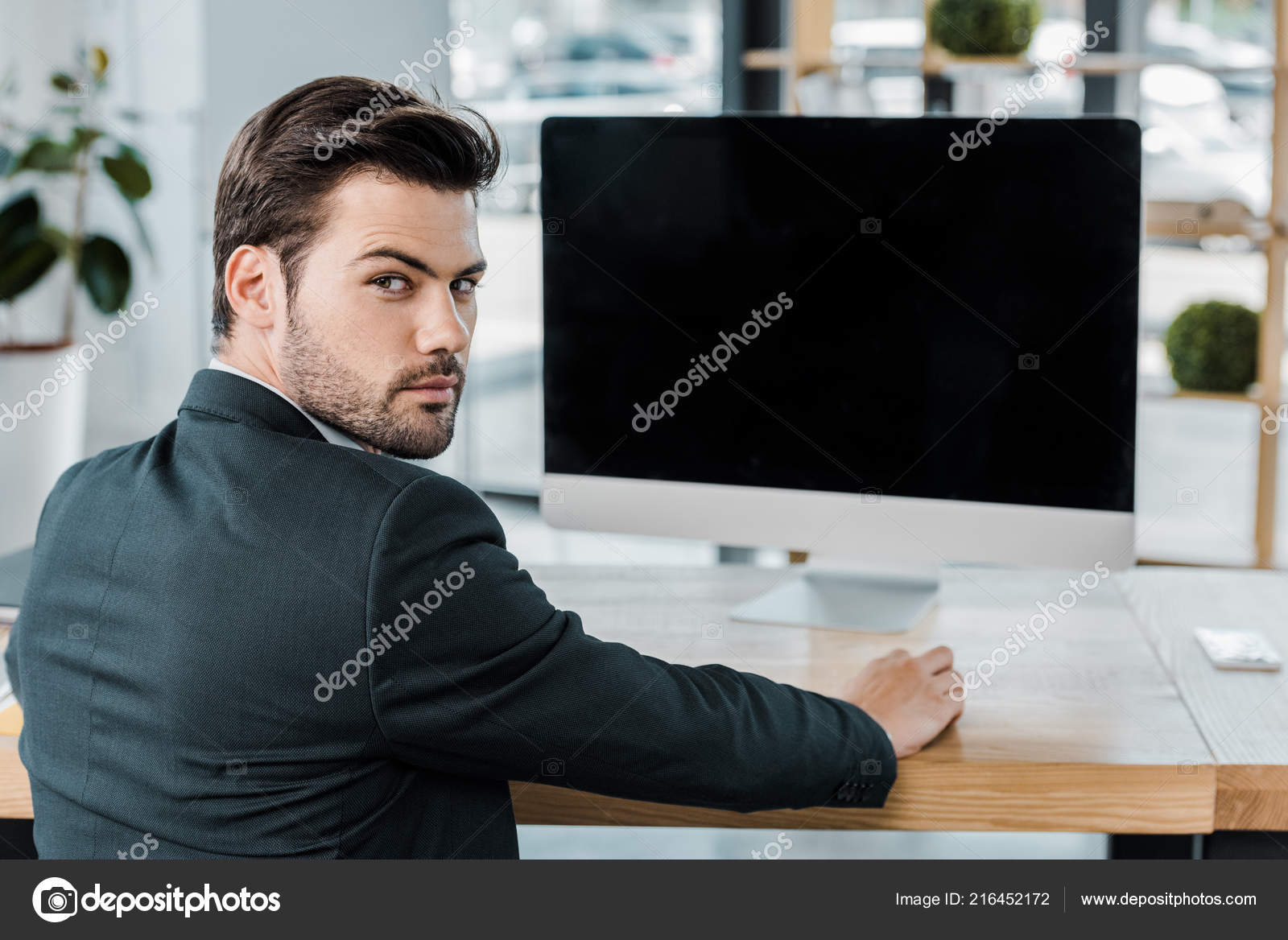 Back View Businessman Workplace Computer Screen Blank Screen Office ...