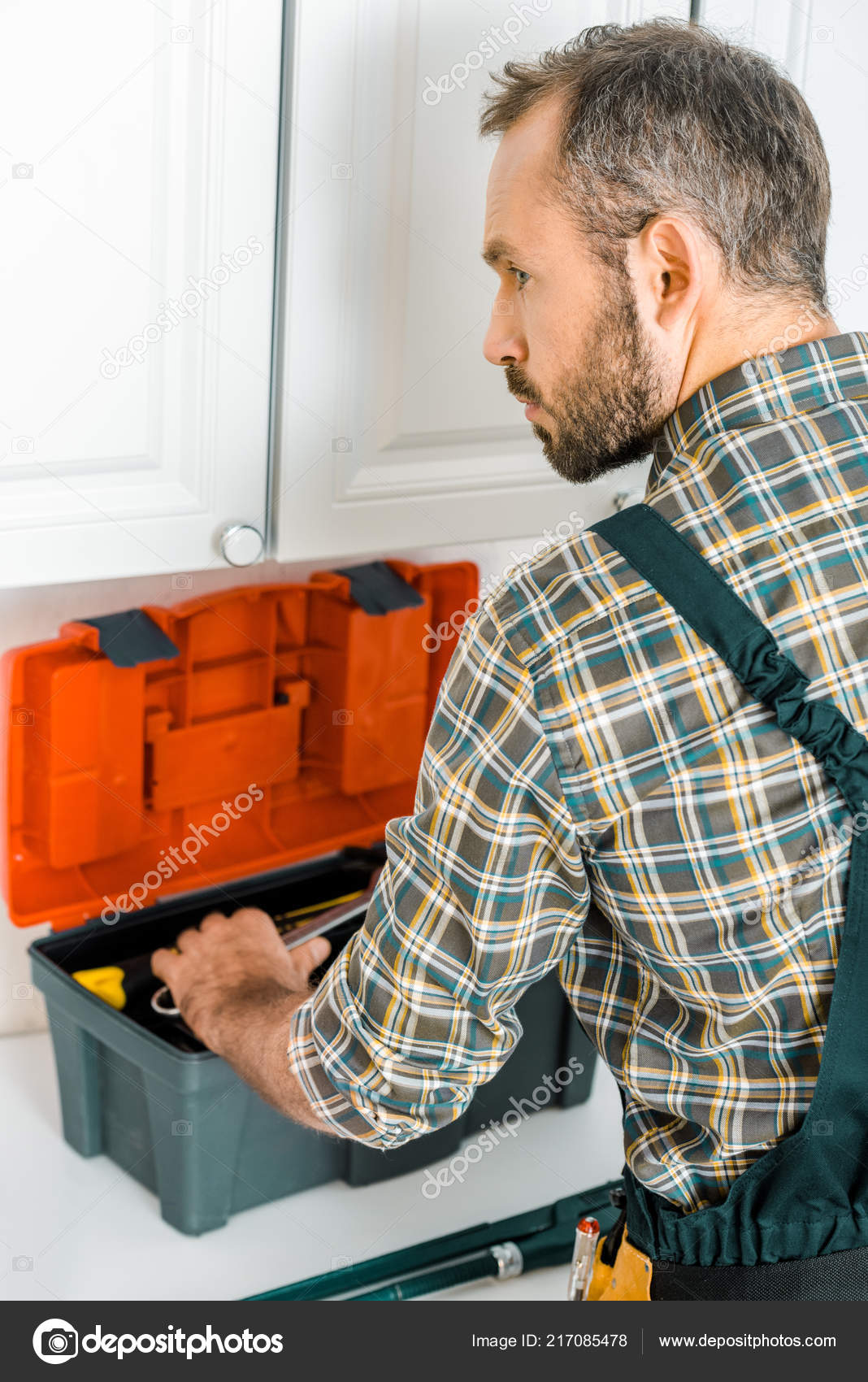 Side View Handsome Plumber Taking Tools Toolbox Kitchen — Free Stock ...