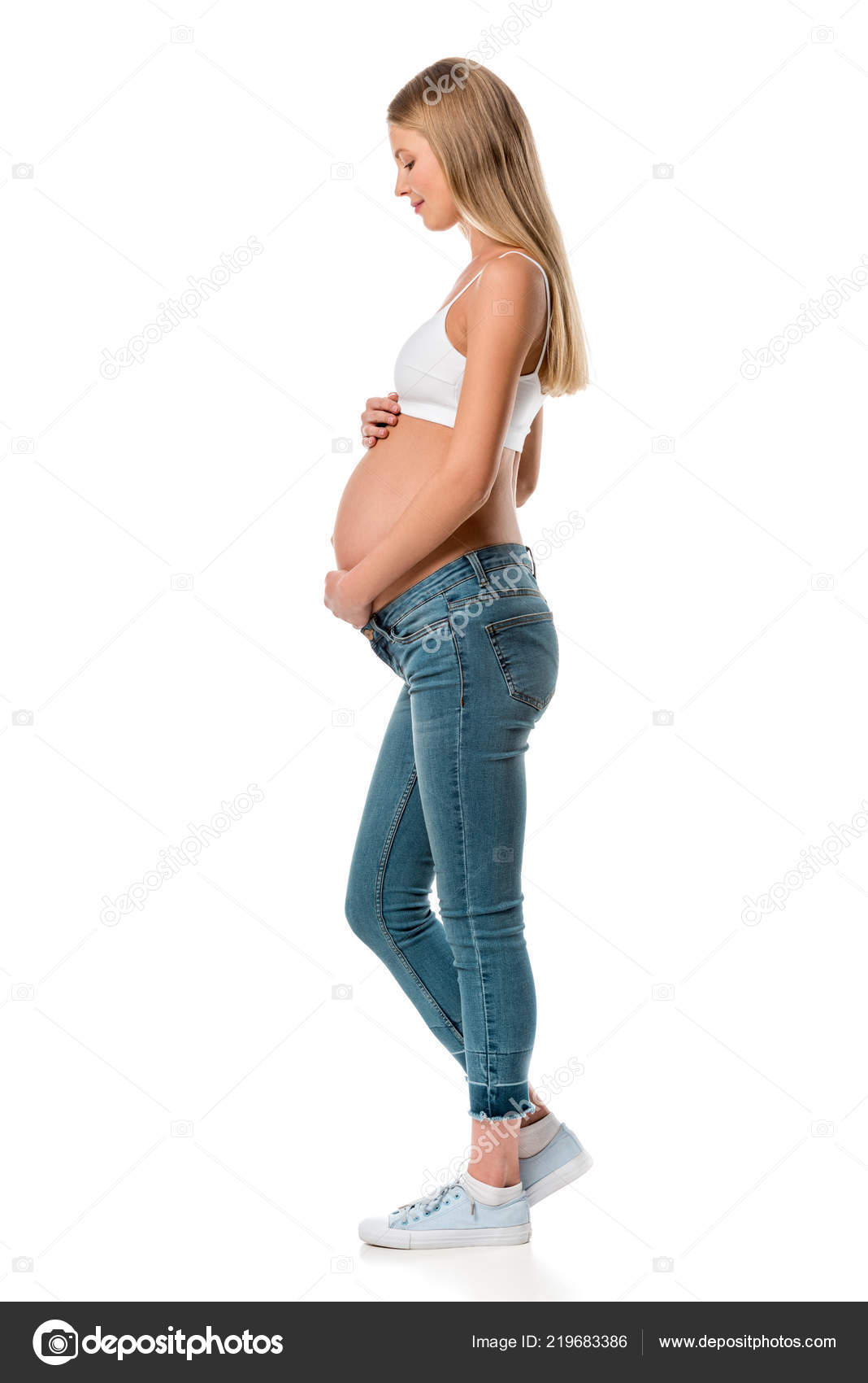 Side View Beautiful Pregnant Woman Touching Her Tummy Isolated White