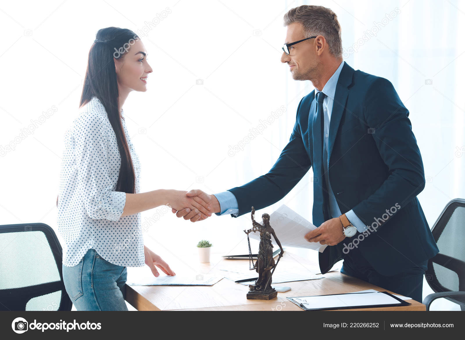 Side View Professional Lawyer Young Female Client Shaking Hands Office ...