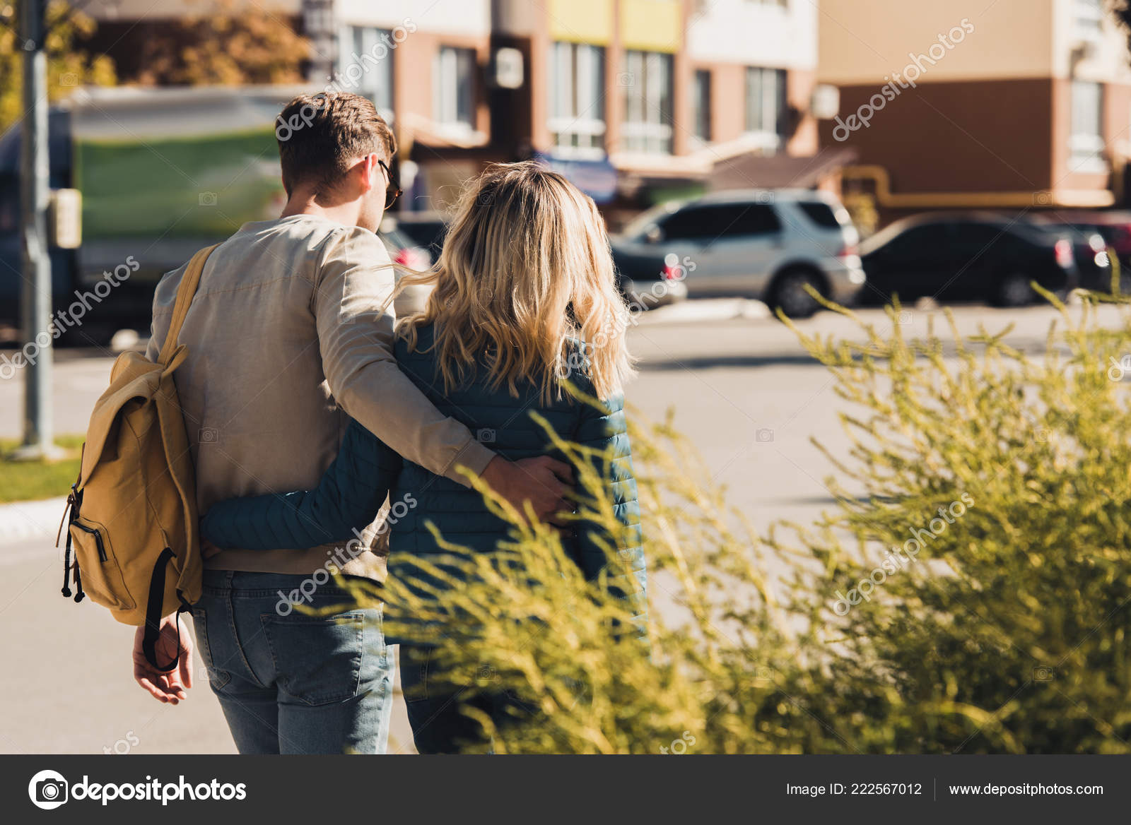Back View Couple Hugging While Walking Street New City — Stock Photo ...