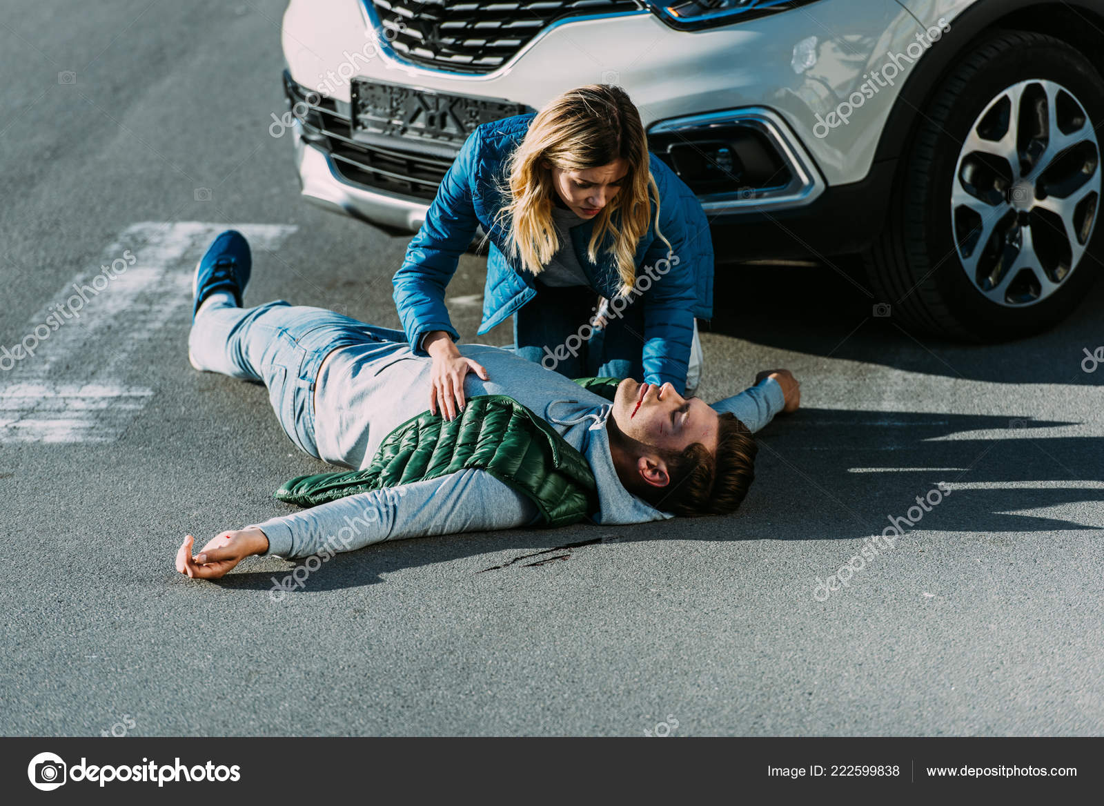 High Angle View Scared Young Woman Touching Injured Man Lying — Stock ...