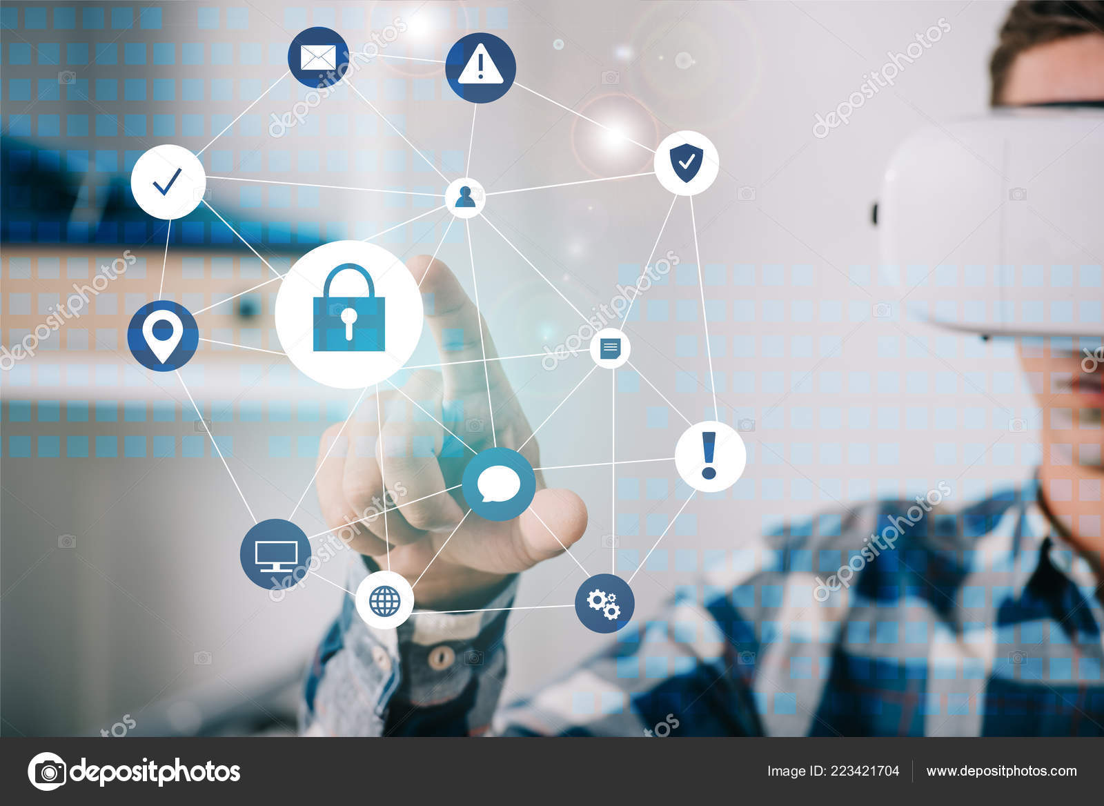 Man Virtual Reality Headset Pointing Cyber Security Signs Room ⬇ Stock ...