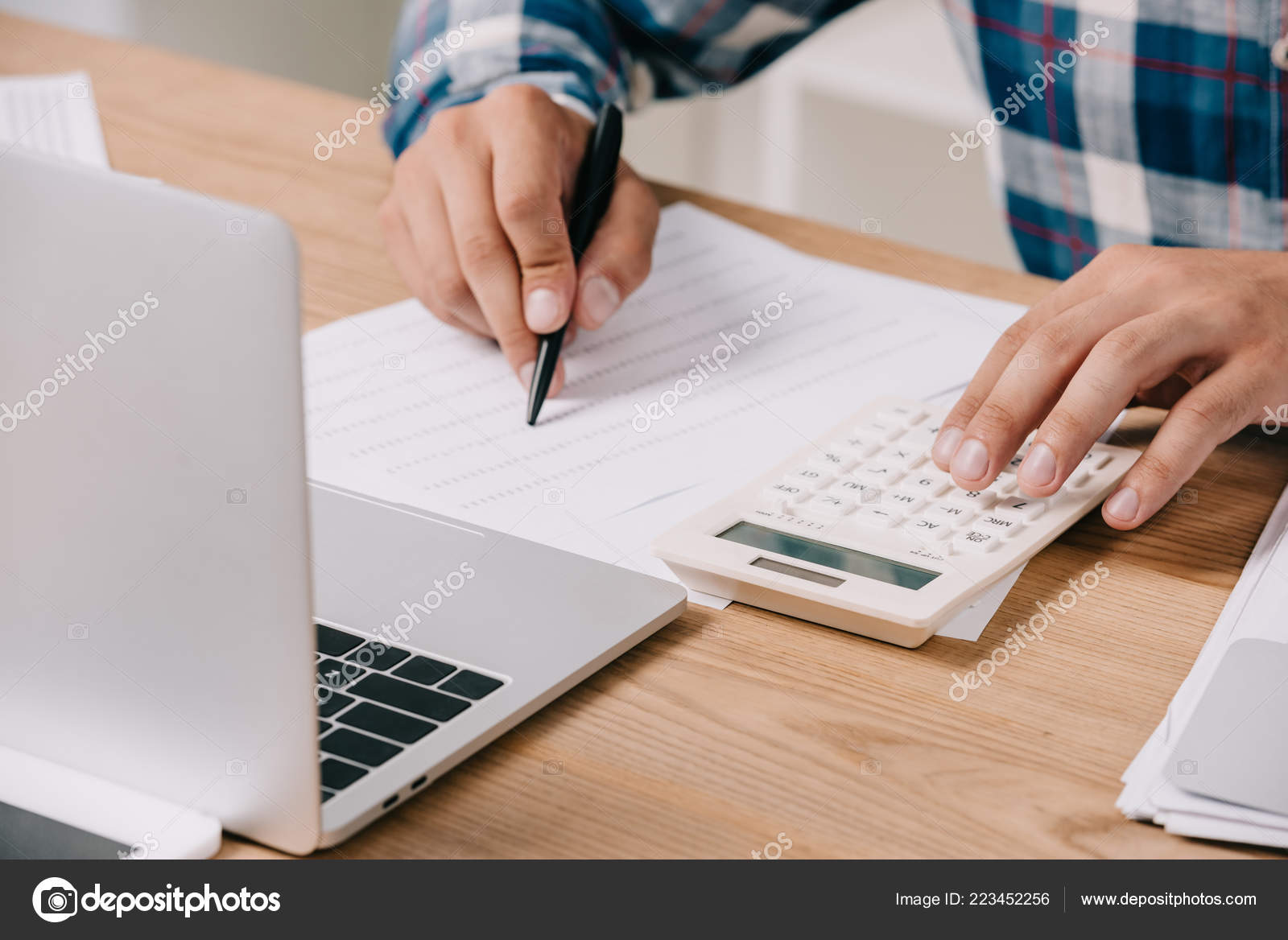 Partial View Businessman Making Calculations Workplace Documents Laptop ...