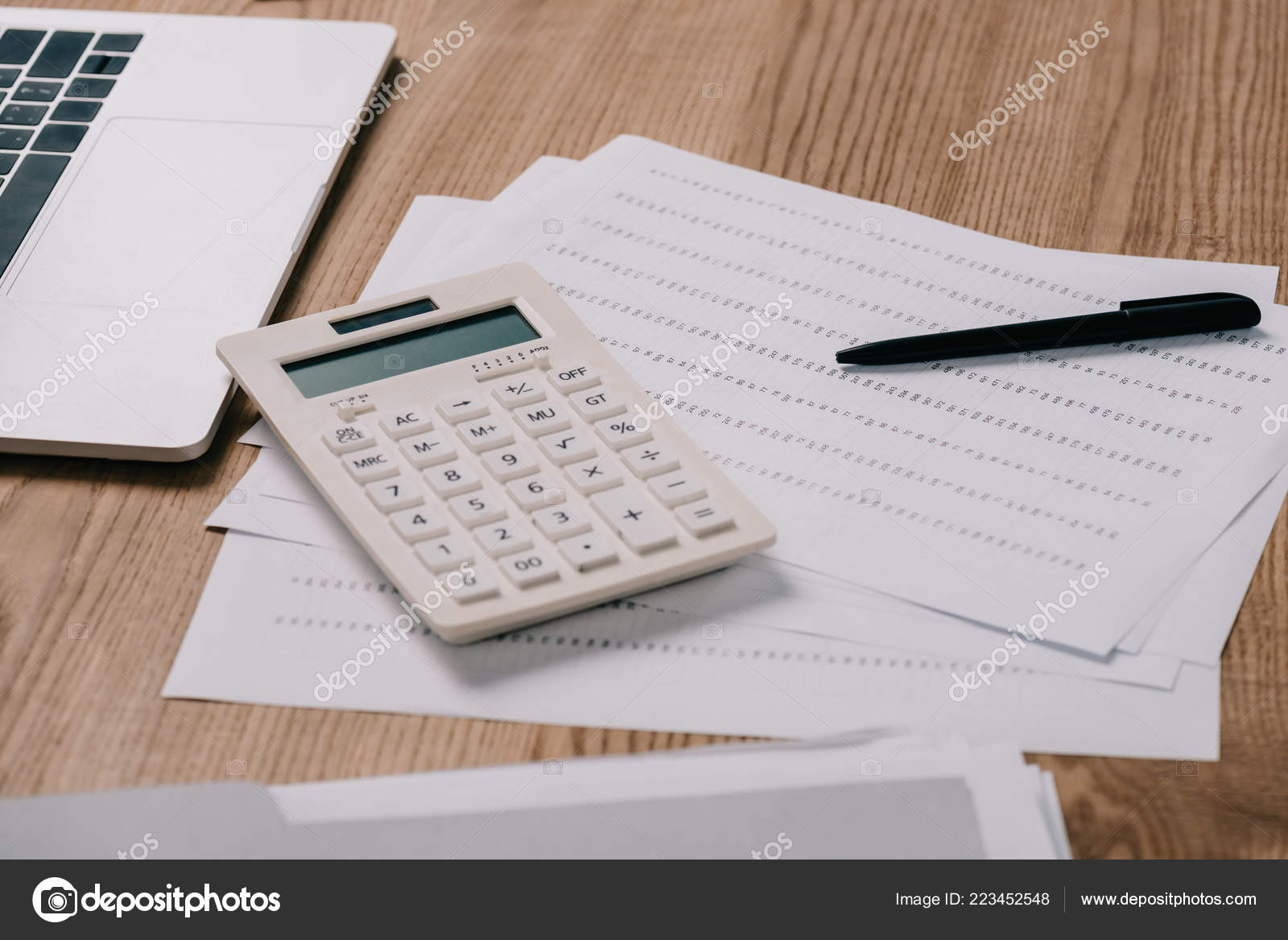 Close View Laptop Calculator Papers Wooden Tabletop — Stock Photo ...
