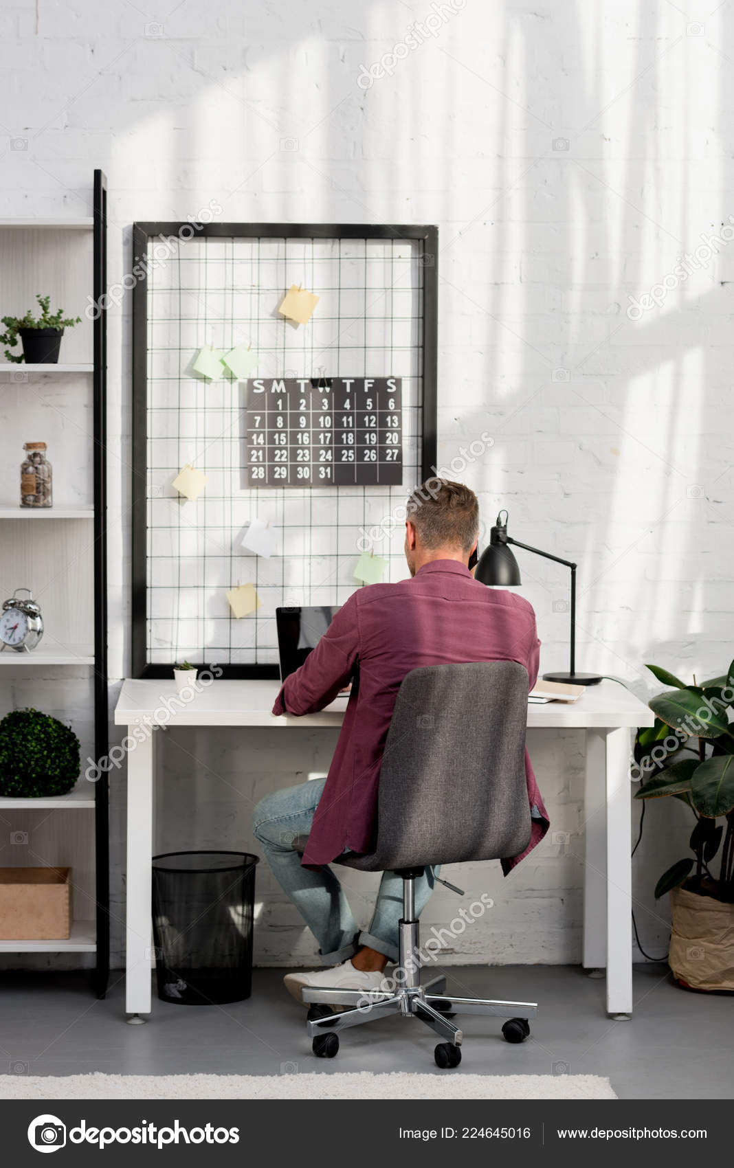 Back View Man Sitting Workplace Home Office — Stock Photo ...