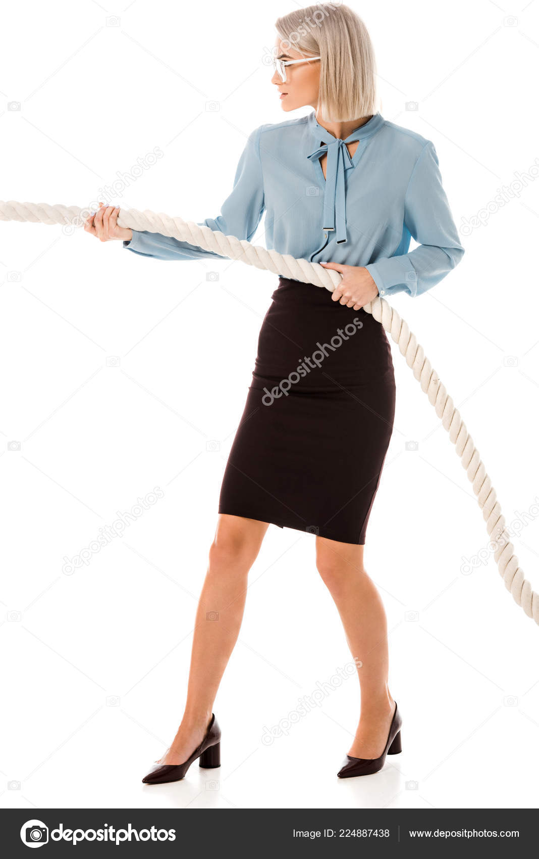 Concentrated Beautiful Businesswoman Pulling Rope Isolated White — Free ...