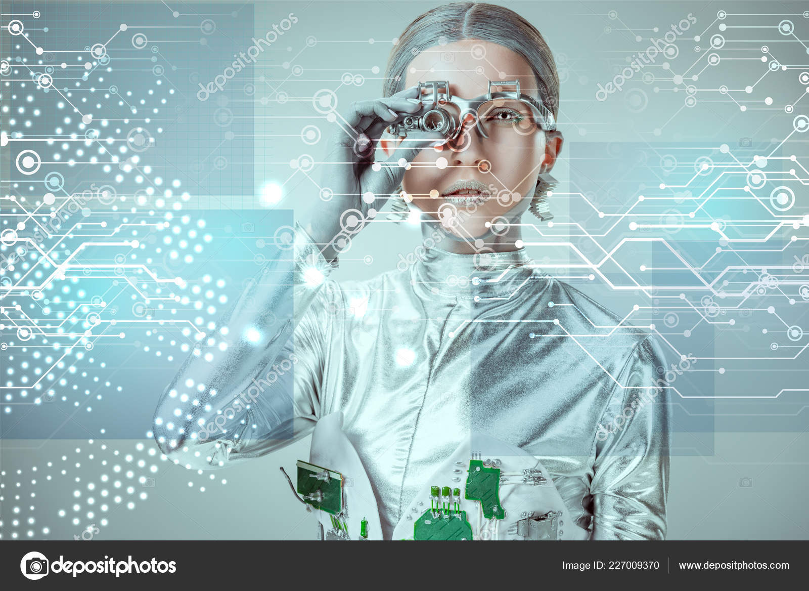 Futuristic Silver Cyborg Adjusting Eye Prosthesis Looking Digital Data ...