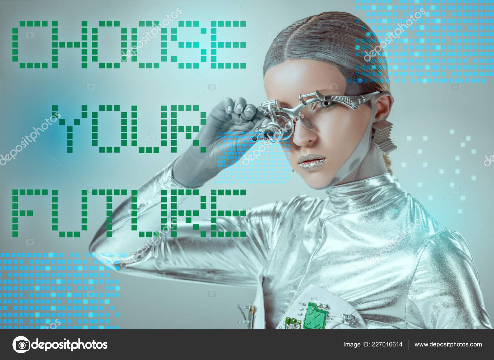 Futuristic Silver Cyborg Adjusting Eye Prosthesis Looking Camera Grey ...