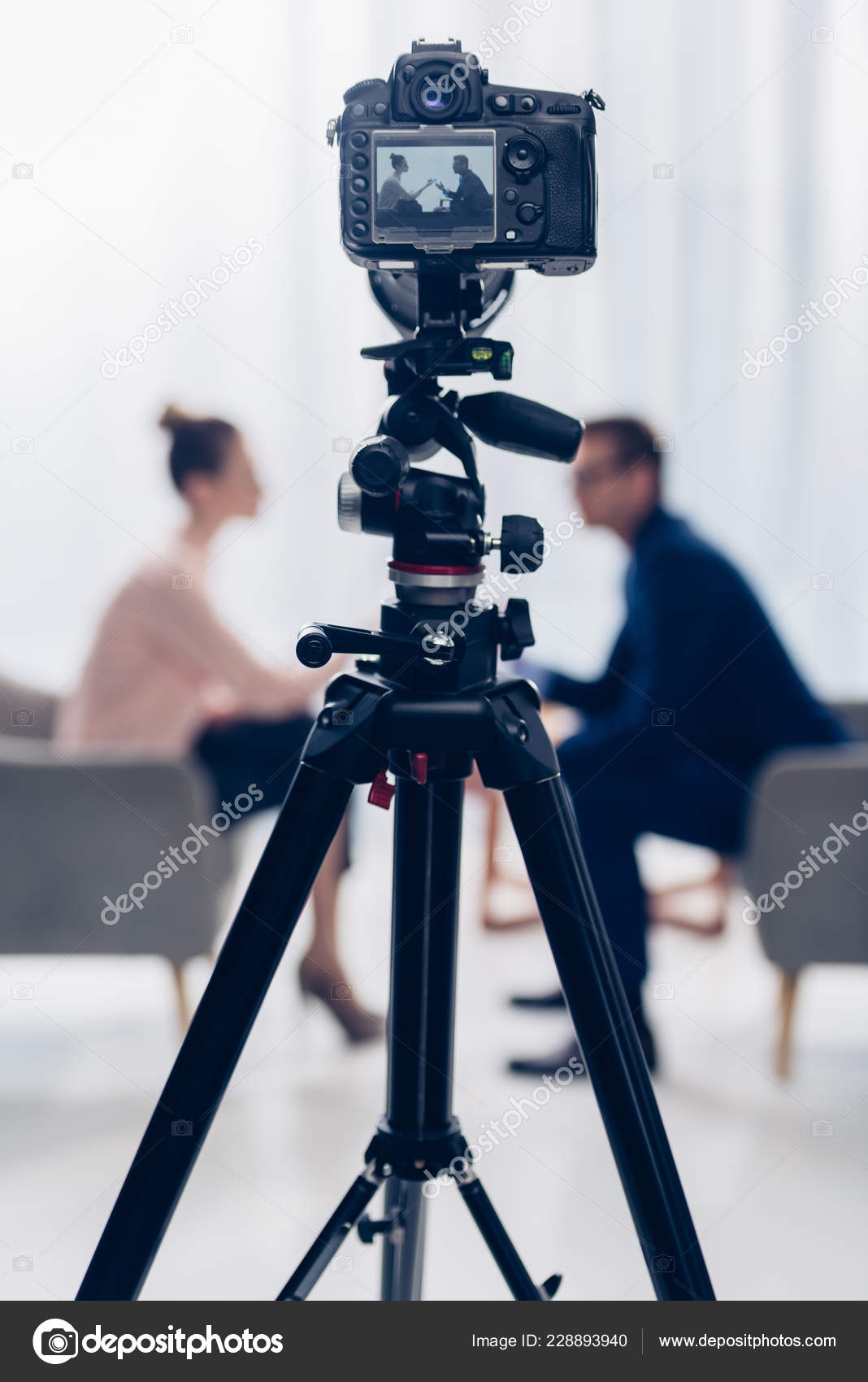 Side View Businessman Giving Interview Journalist Office Camera Tripod ...