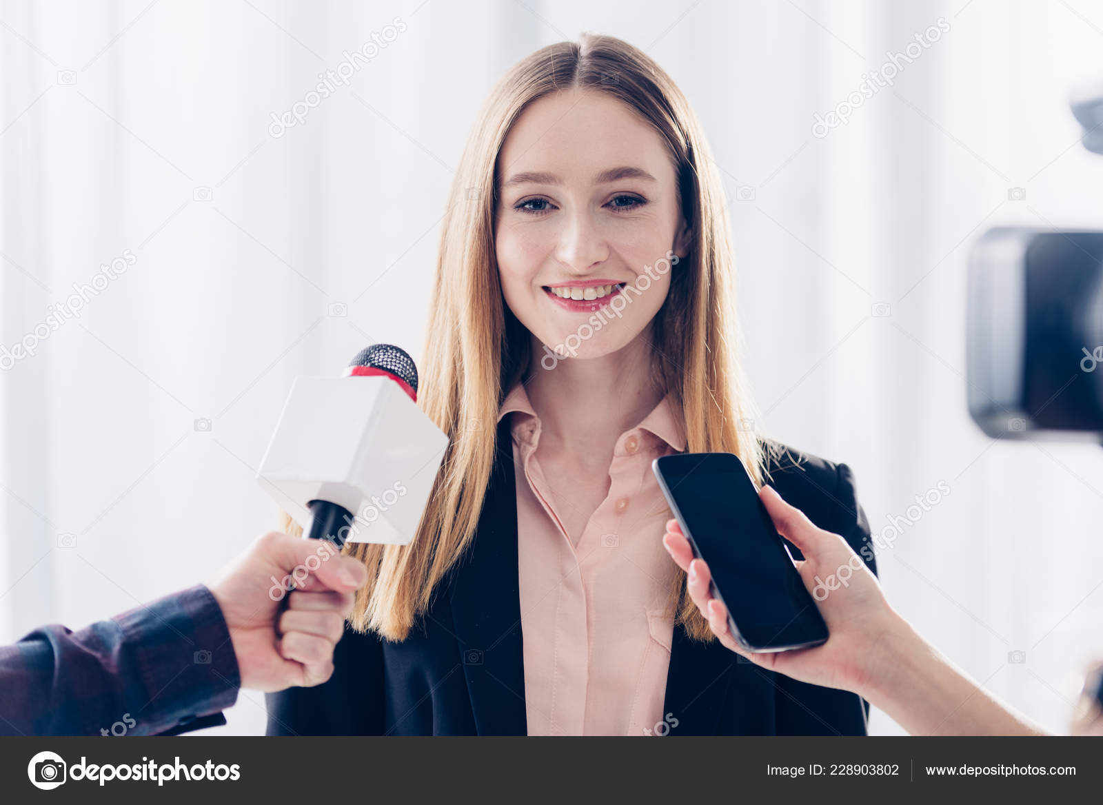 Smiling Attractive Businesswoman Giving Interview Journalists Office ... Smiling Attractive Businesswoman Giving Interview Journalists Office ...