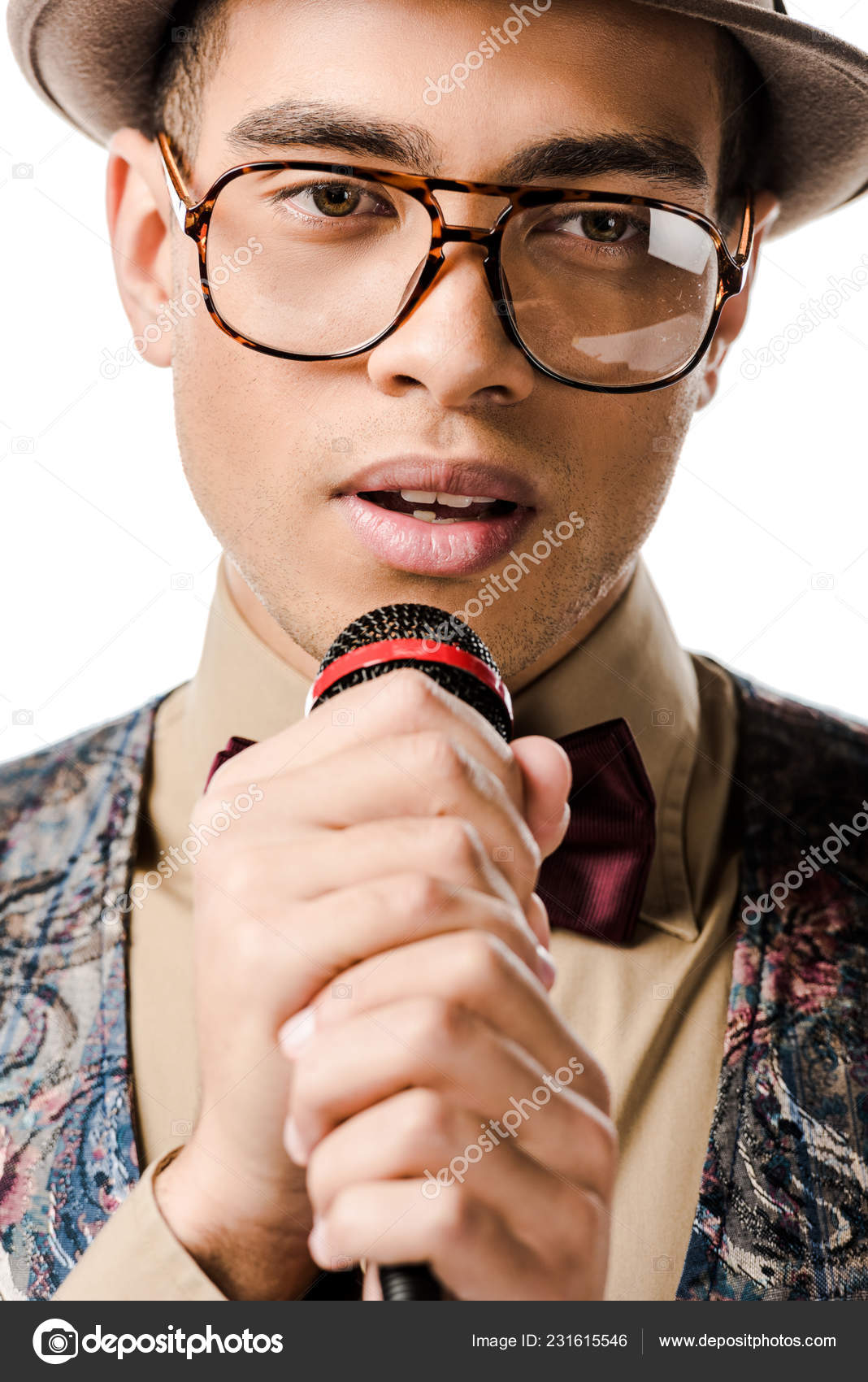 Portrait Young Male Mixed Race Musician Singing Microphone Isolated ...