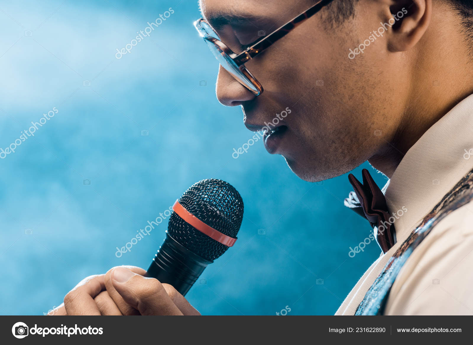 Partial View Mixed Race Man Singing Microphone Stage Smoke Dramatic ...