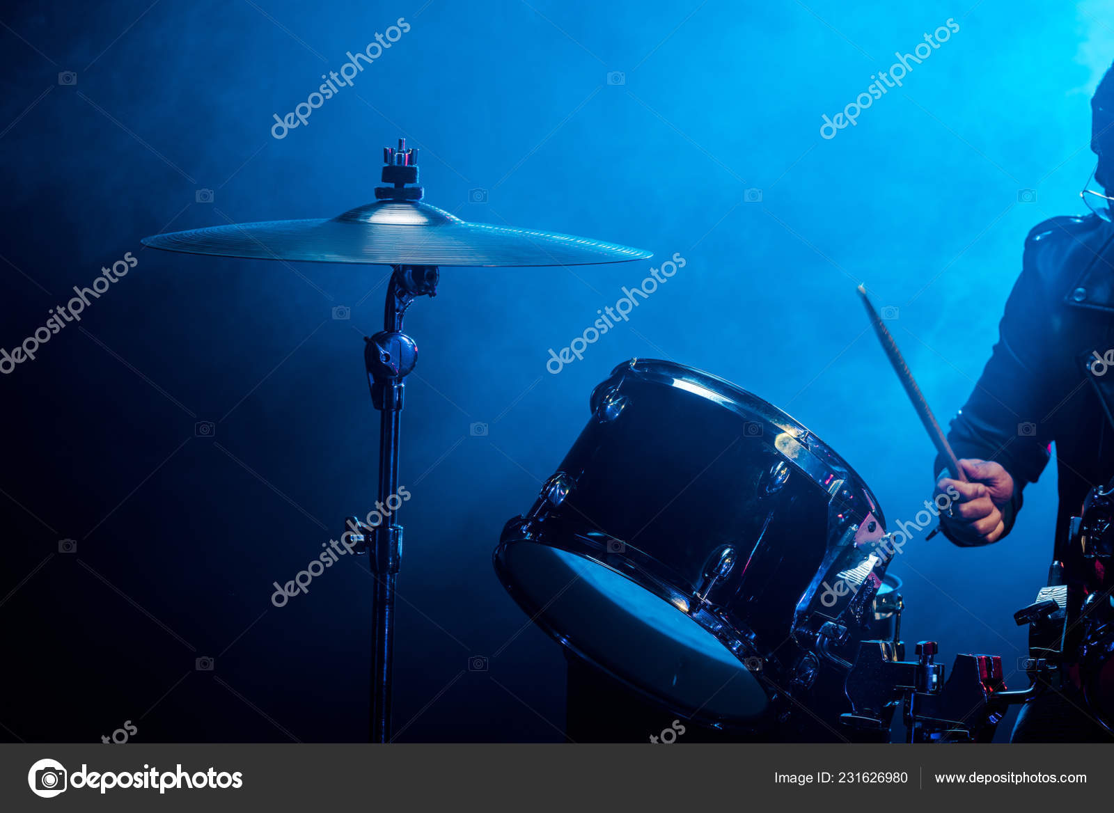Partial View Male Musician Playing Drums Rock Concert Stage Smoke ...
