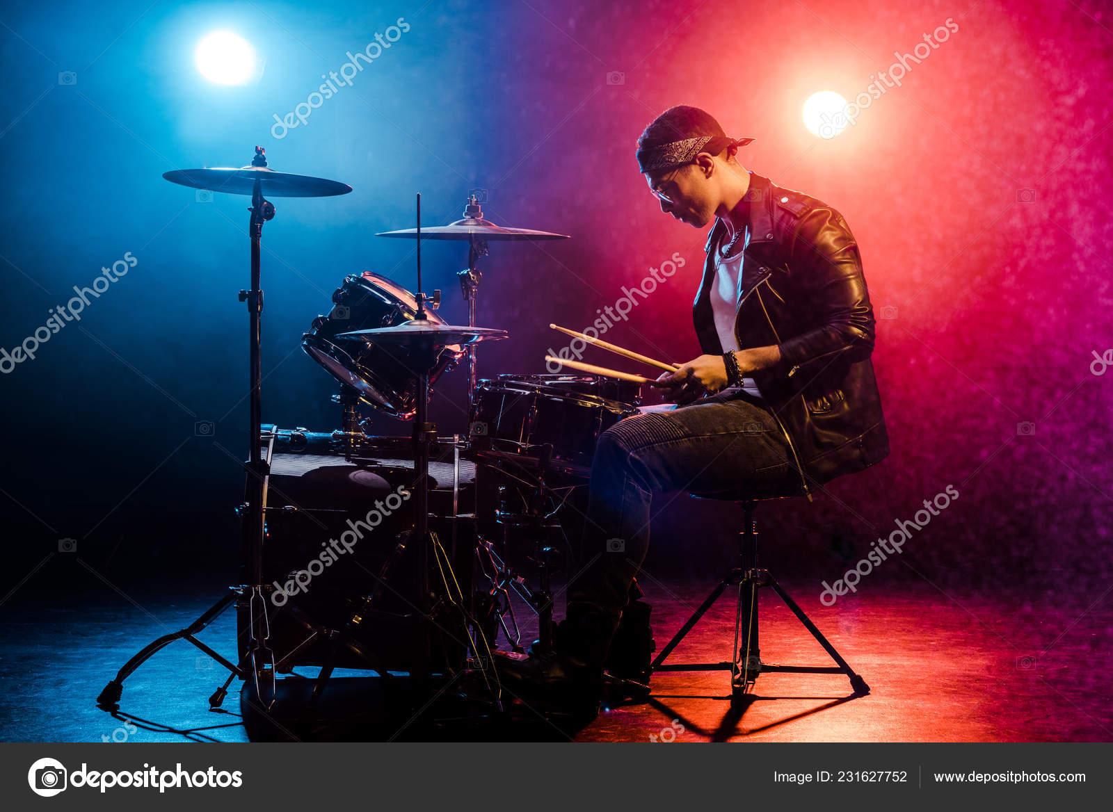 Side View Male Musician Leather Jacket Playing Drums Rock Concert ...