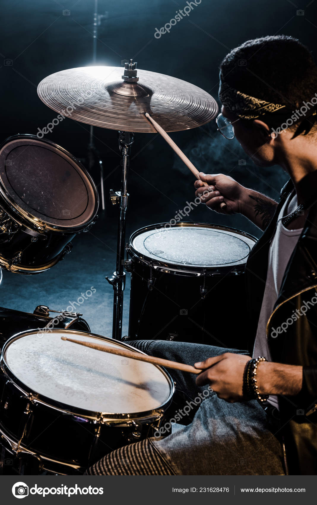 Side View Mixed Race Male Musician Playing Drums Rock Concert — Stock ...