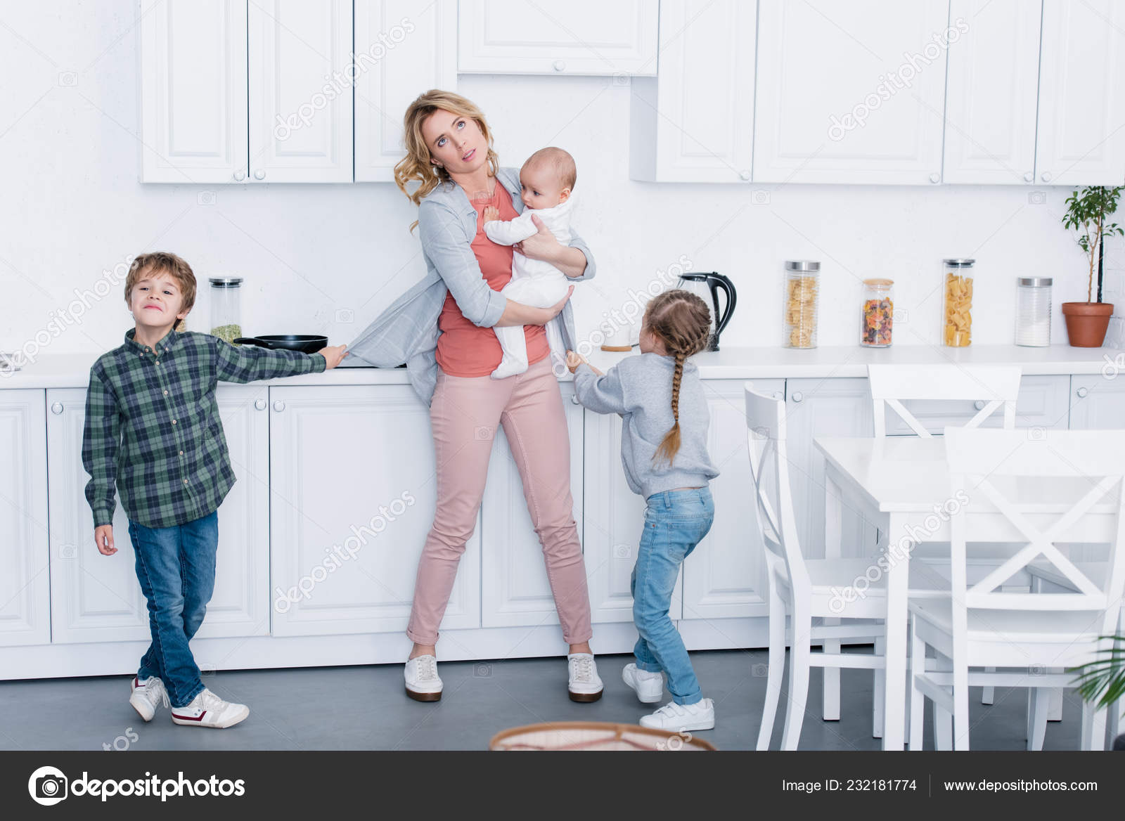 Exhausted Mother Three Kids Looking Kitchen Stock Photo by ...