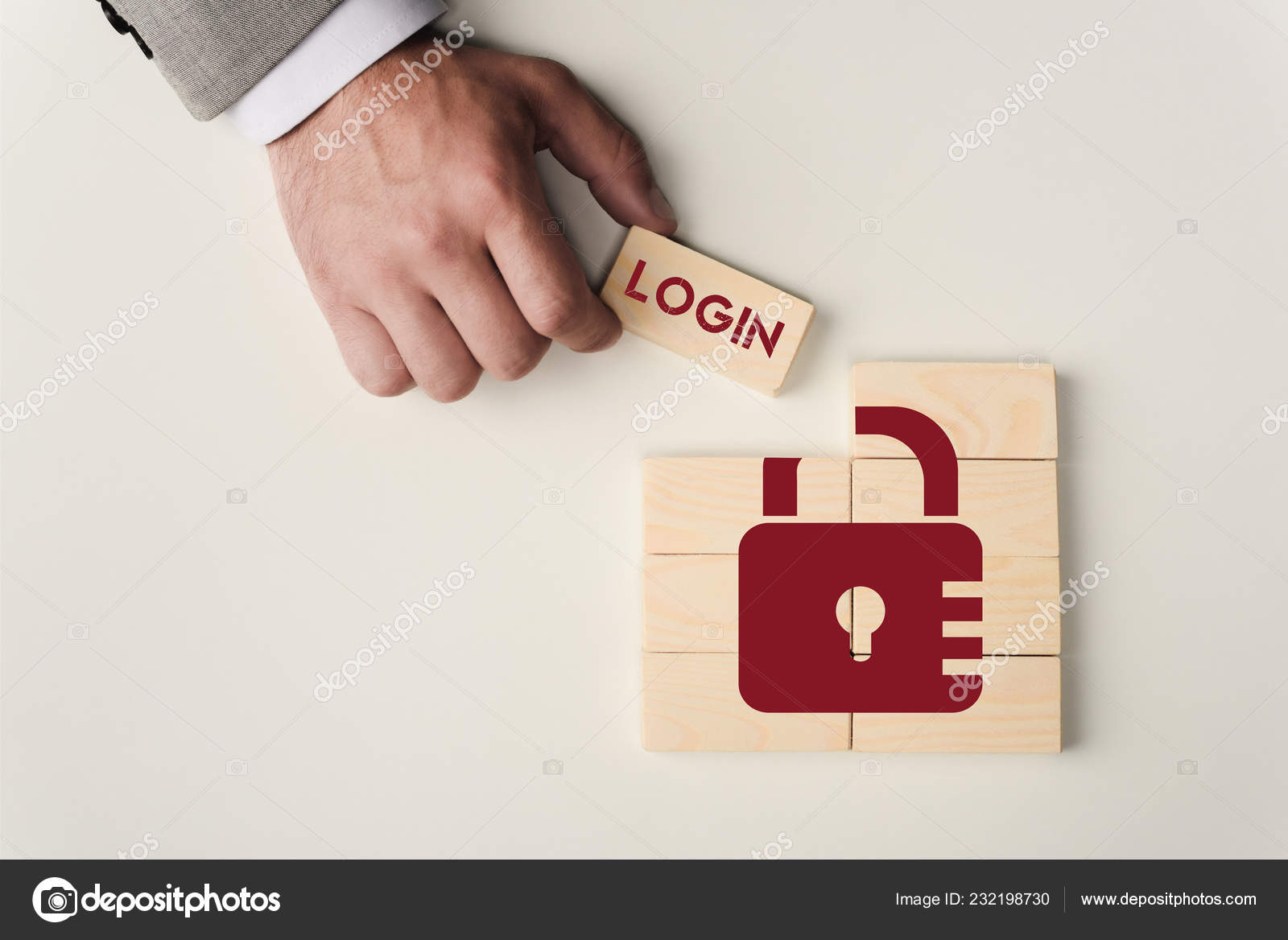 Partial View Man Holding Brick 'Login' Lettering Wooden Blocks Lock ...