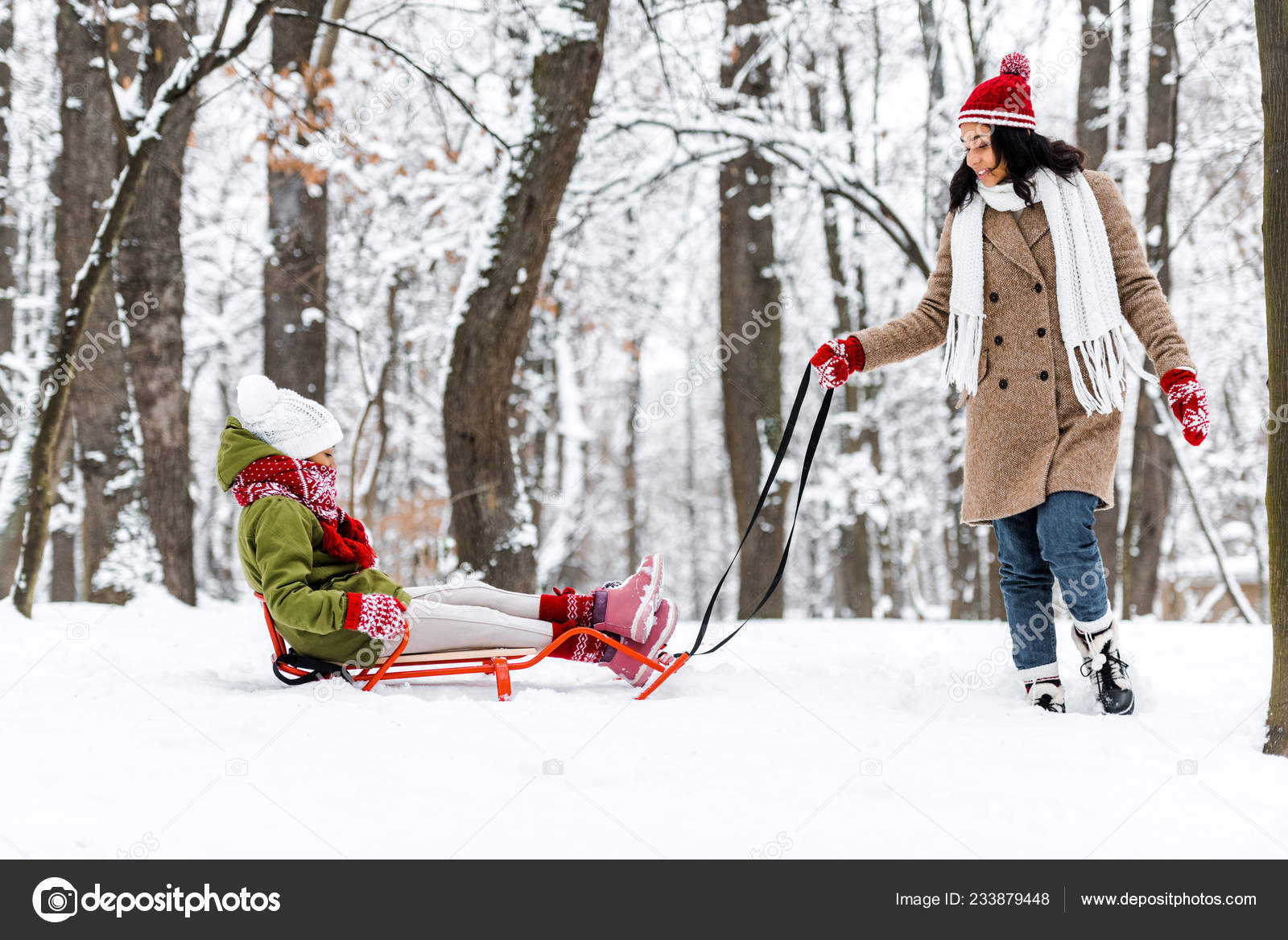 Attractive African American Woman Pulling Daughter Sledge Winter Park ...