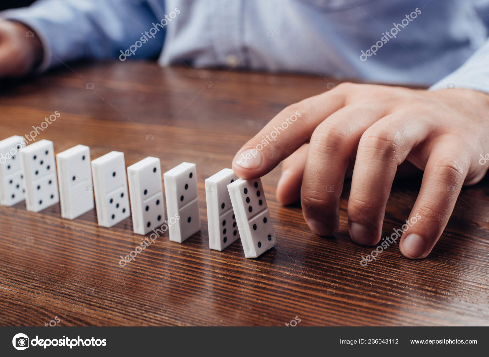 Partial View Man Pushing Domino Row Wooden Desk — Stock Photo ...