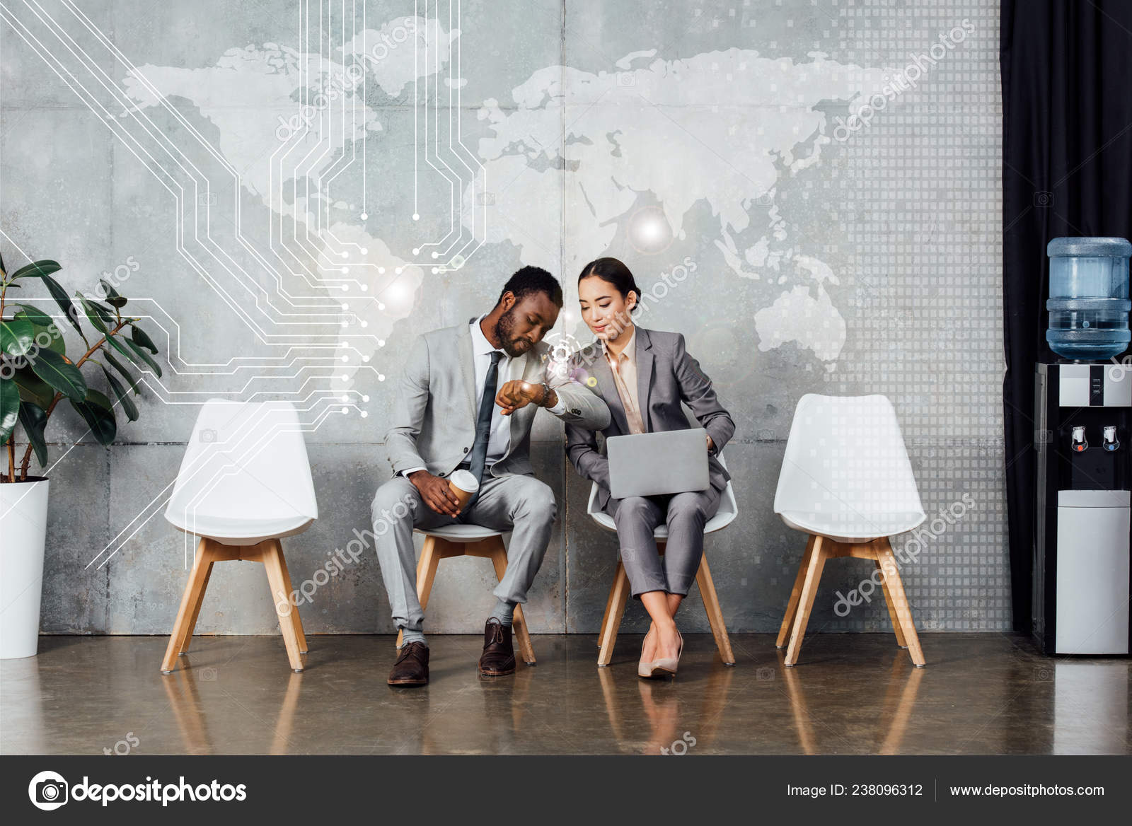 Multiethnic Colleagues Laptop Coffee Sitting Checking Time Watch ...