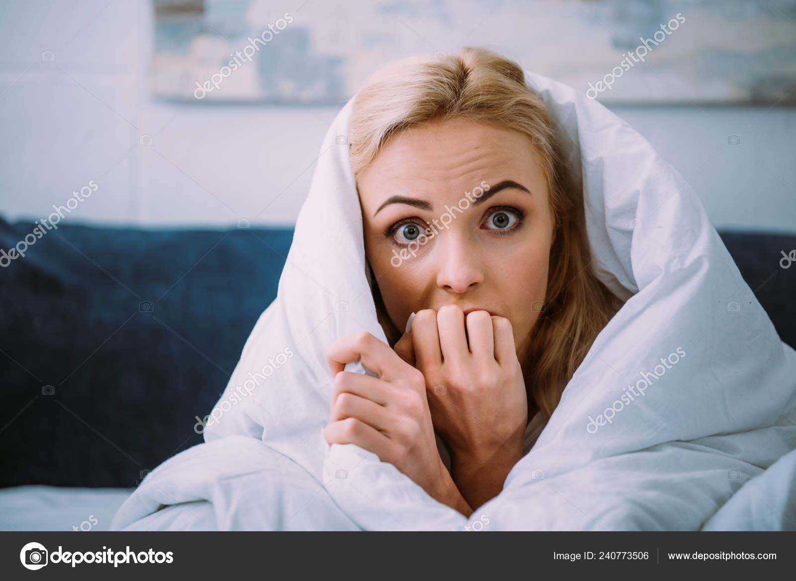 Scared Woman Covered Blanket Biting Hand Looking Camera Bed — Stock ...