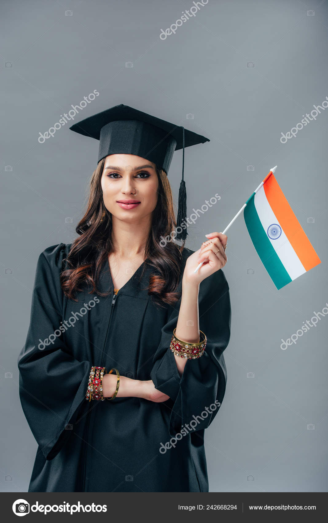 Elegant Indian Student Academic Gown Graduation Cap Holding Indian Flag ...