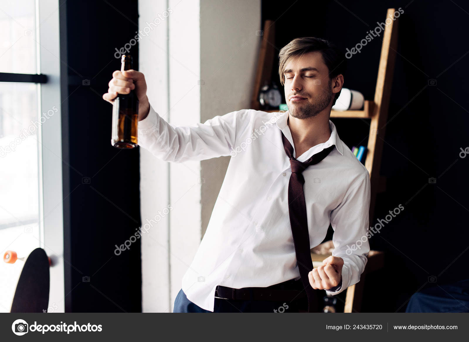 Drunk Man Closed Eyes Showing Winner Sign Holding Bottle Hand — Stock ...