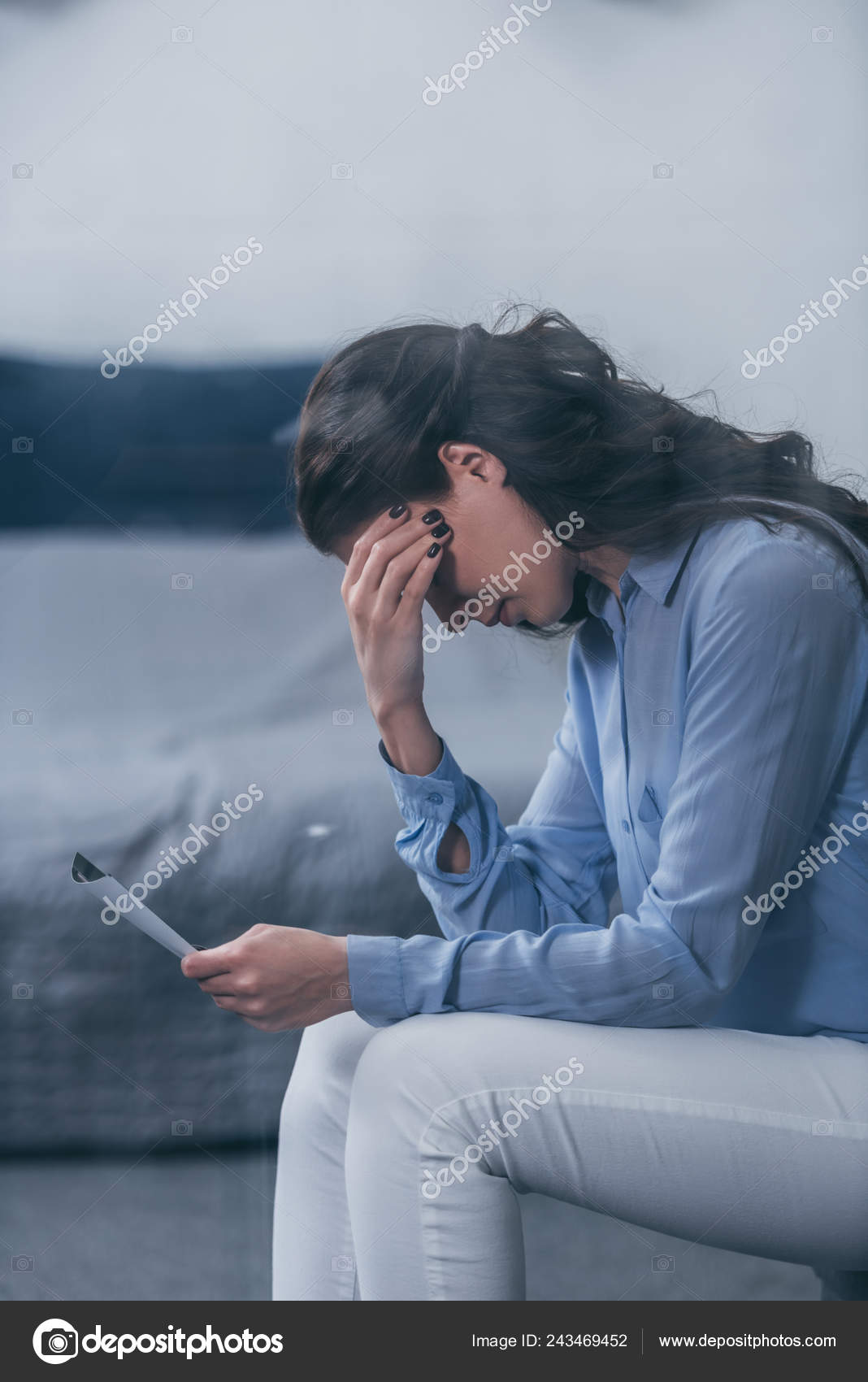 Selective Focus Grieving Woman Sitting Holding Photograph Crying Home ...
