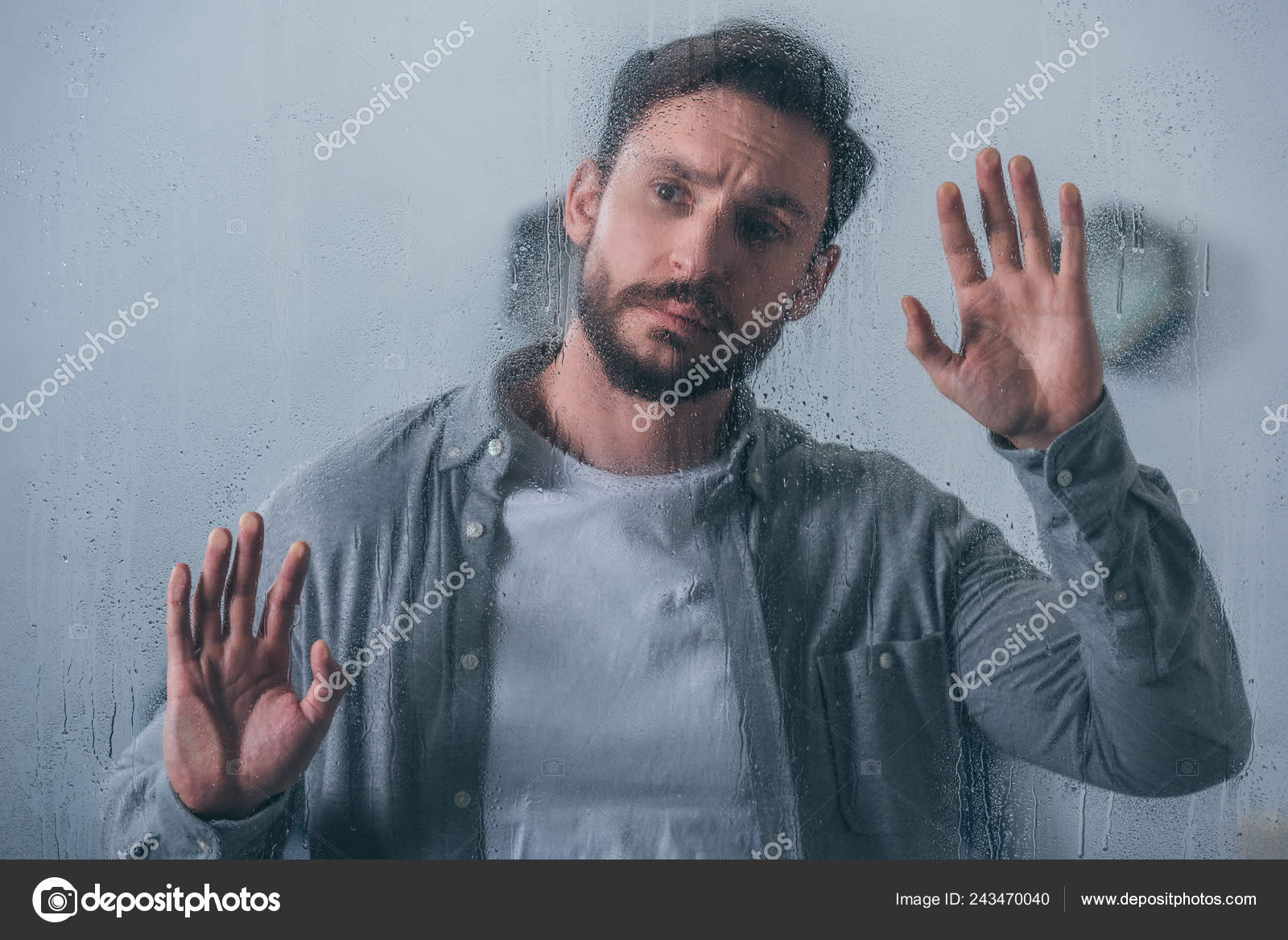 Handsome Upset Man Touching Window Raindrops Looking Away — Stock Photo ...