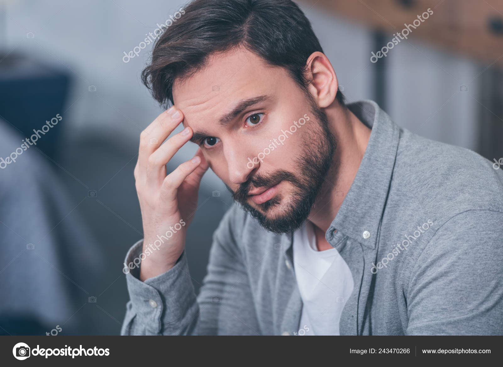 Handsome Upset Man Sitting Touching Face Grieving Home — Stock Photo ...