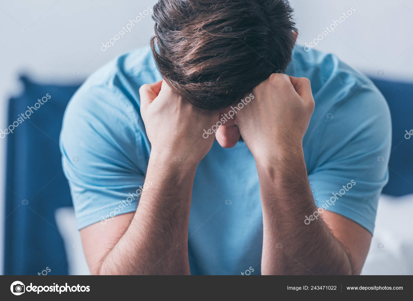 Selective Focus Grieving Man Covering Face Hands Crying Home — Stock ...