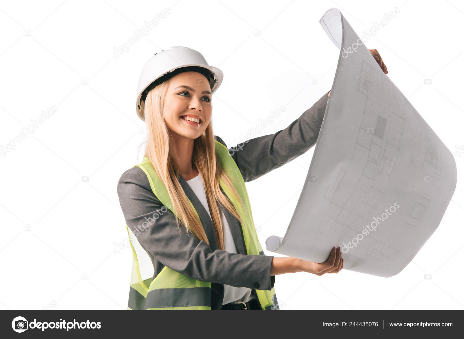 Cheerful Female Architect Safety Vest Hardhat Working Blueprint Isolated White Stock Photo by ...
