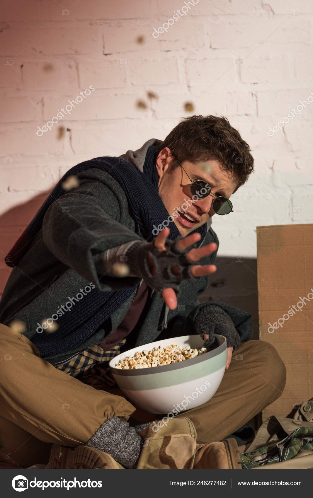 Angry Homeless Man Throwing Pop Corn Bowl Camera — Stock Photo ...