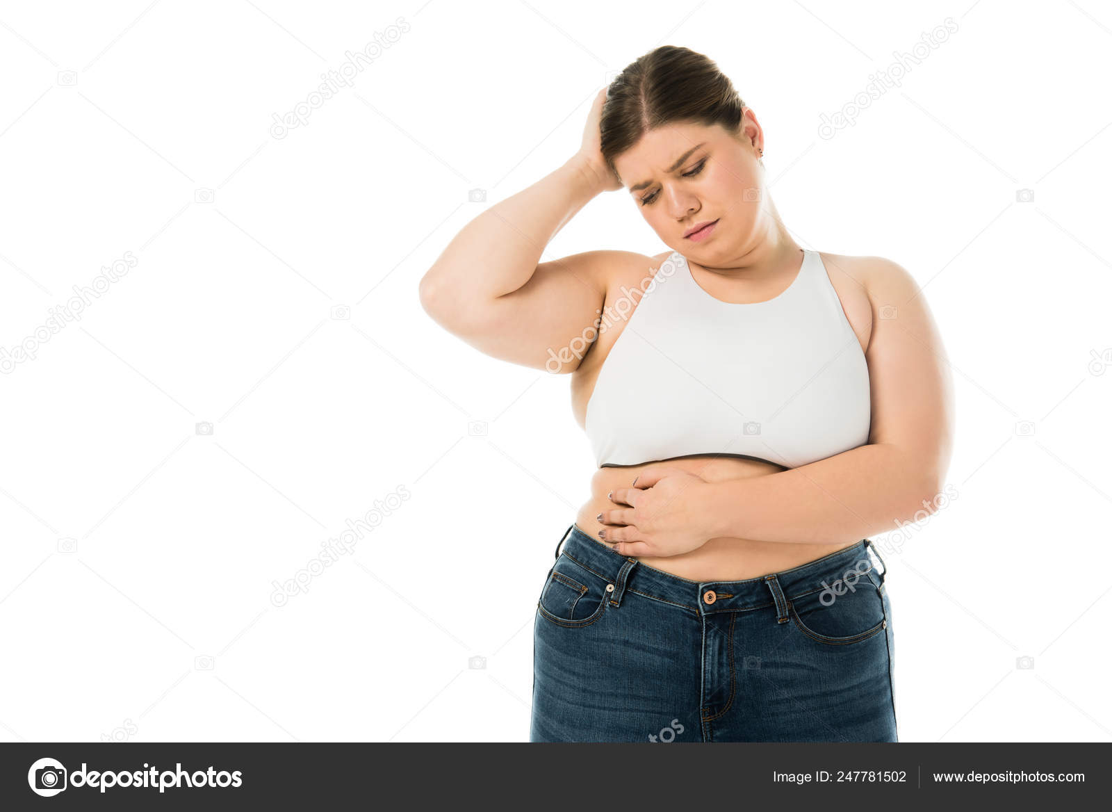 Sad Overweight Woman Denim Touching Belly Isolated White Stock Photo by ...