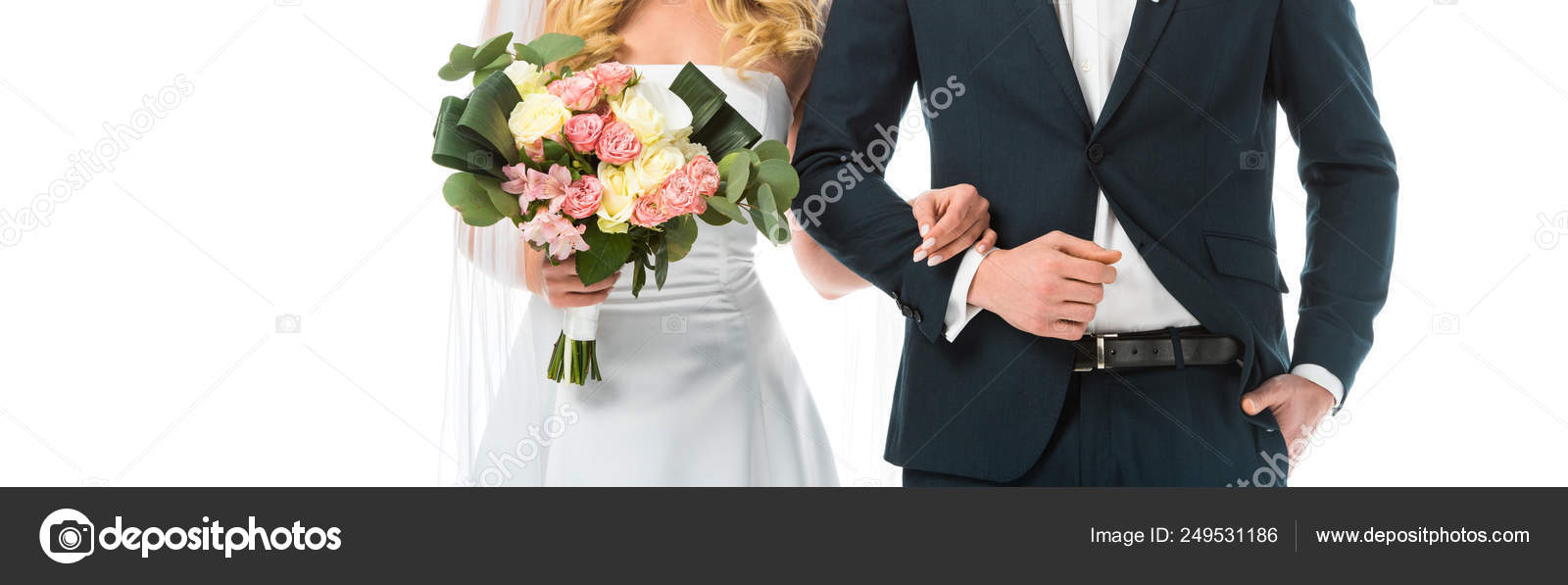 Cropped View Bride Wedding Bouquet Groom Black Suit Isolated White ...
