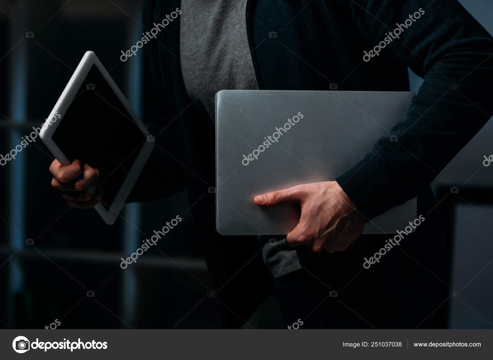 Cropped View Thief Stealing Digital Tablet Laptop — Stock Photo ...