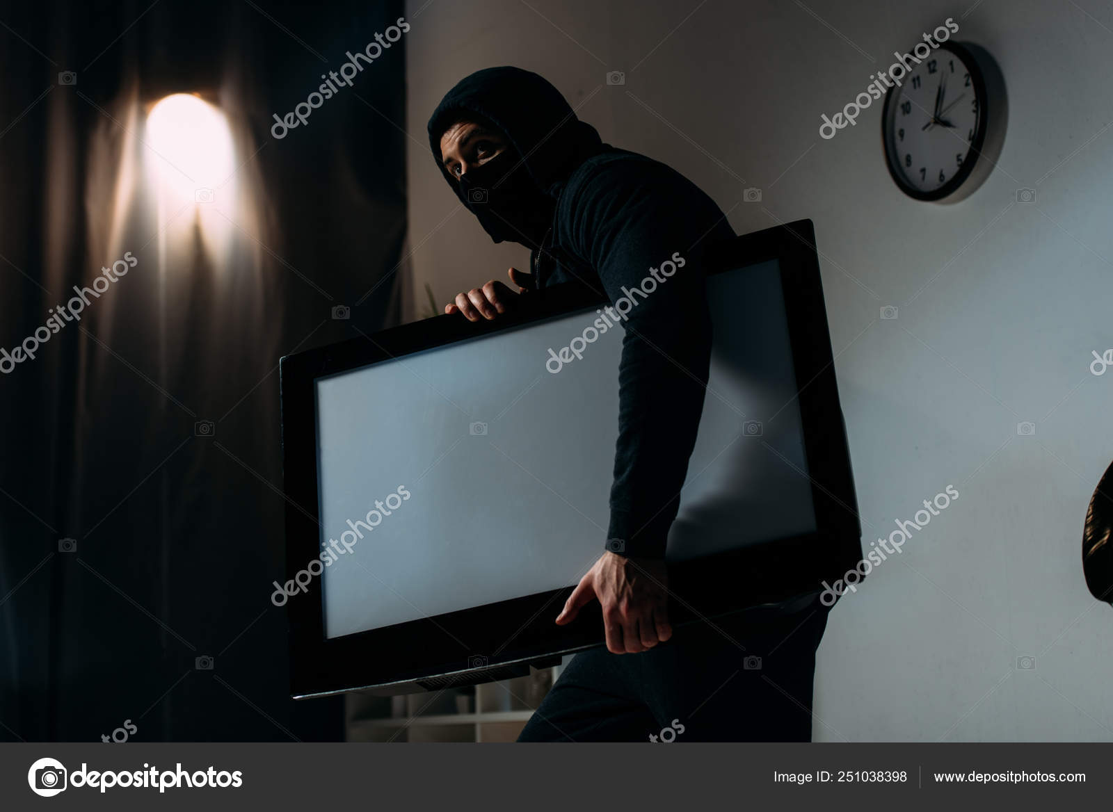 Robber Black Mask Stealing Flat Screen Blank Screen Apartment — Stock ...