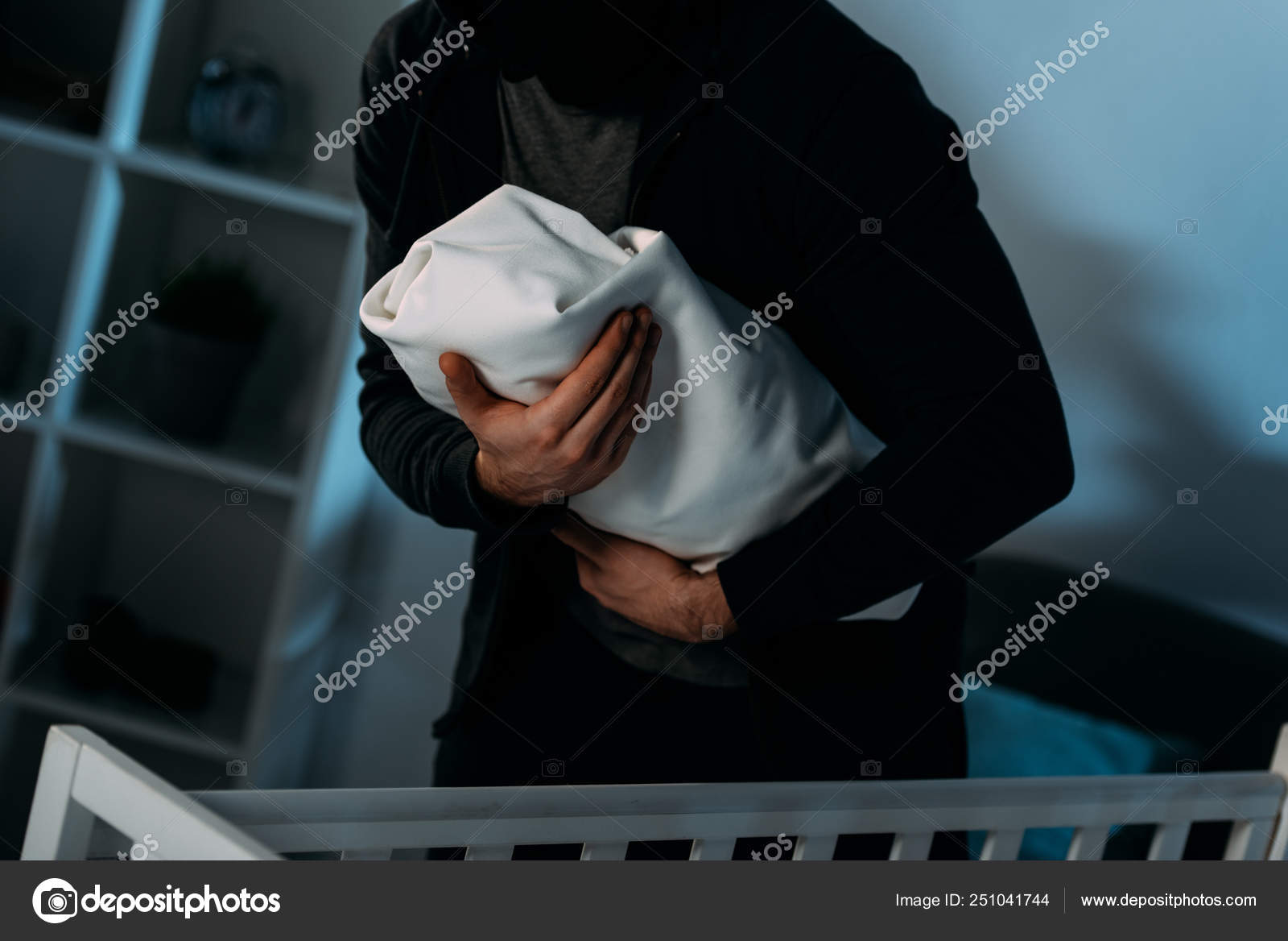 Cropped View Kidnapper Black Clothes Holding Infant Child — Stock Photo ...