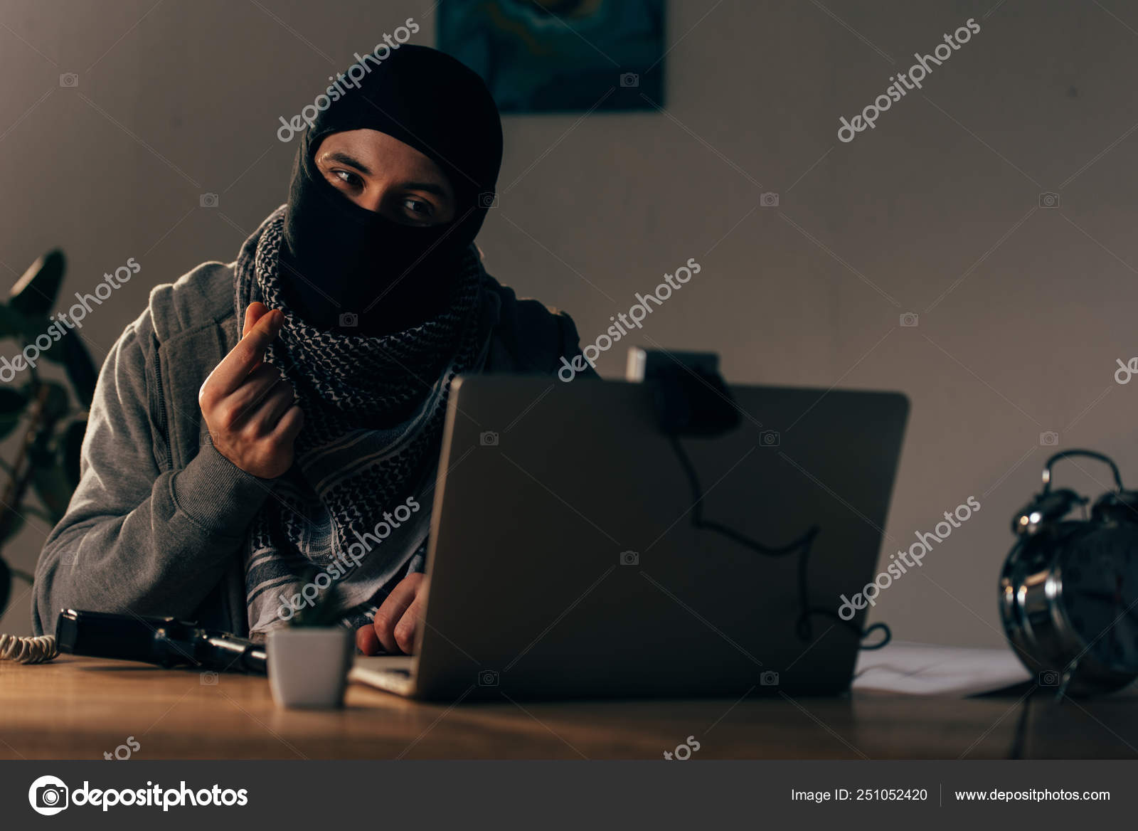 Terrorist Mask Looking Webcam Showing Money Gesture Stock Photo by ...