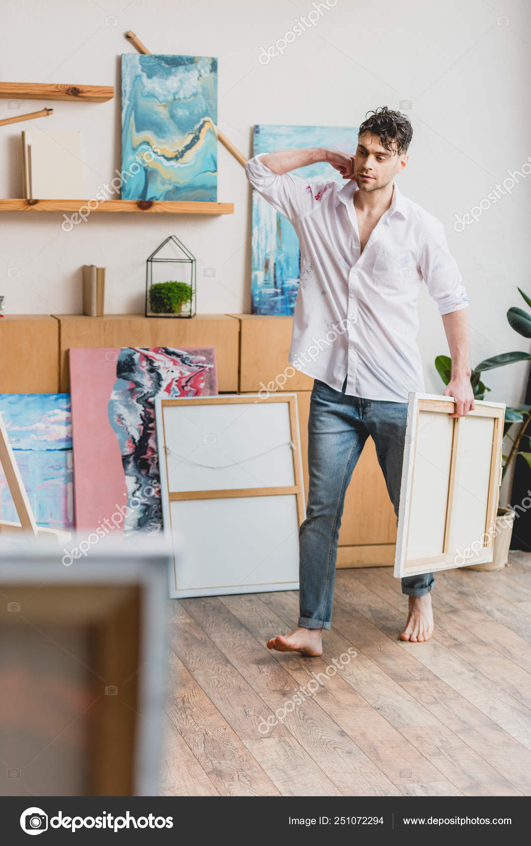 Selective Focus Handsome Artist White Shirt Blue Jeans Carrying Canvas ...