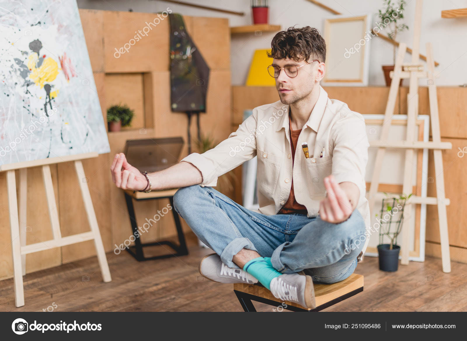 Selective Focus Dreamy Artist Closed Eyes Sitting Lotus Pose Gallery ...