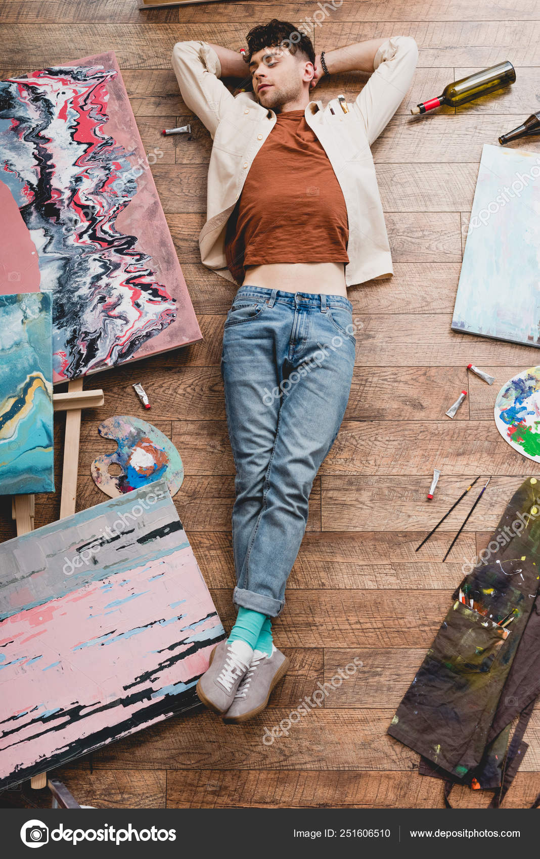 Overhead View Tired Artist Sleeping Floor Painting Studio — Stock Photo ...